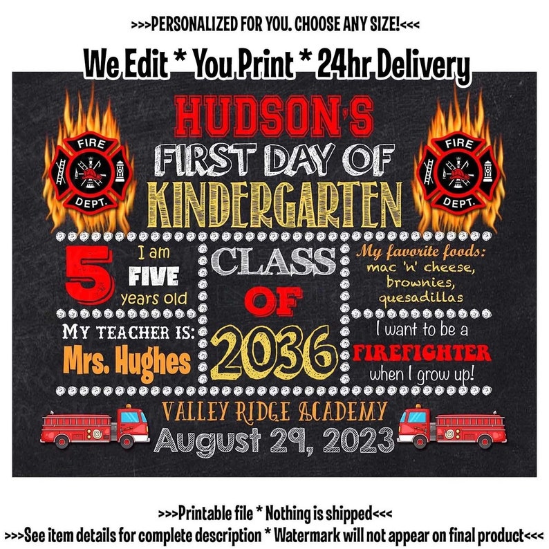 Fire Truck First Day of School Sign: Personalized Chalkboard (digital ...