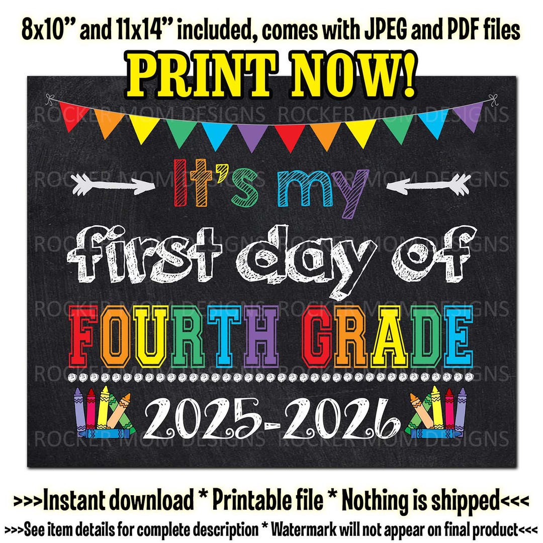 First Day of FOURTH GRADE Sign, School Chalkboard, 4th Grade School ...