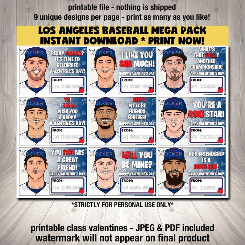 Dodger Baseball Valentines, PRINTABLE Baseball Valentine Cards, Los ...