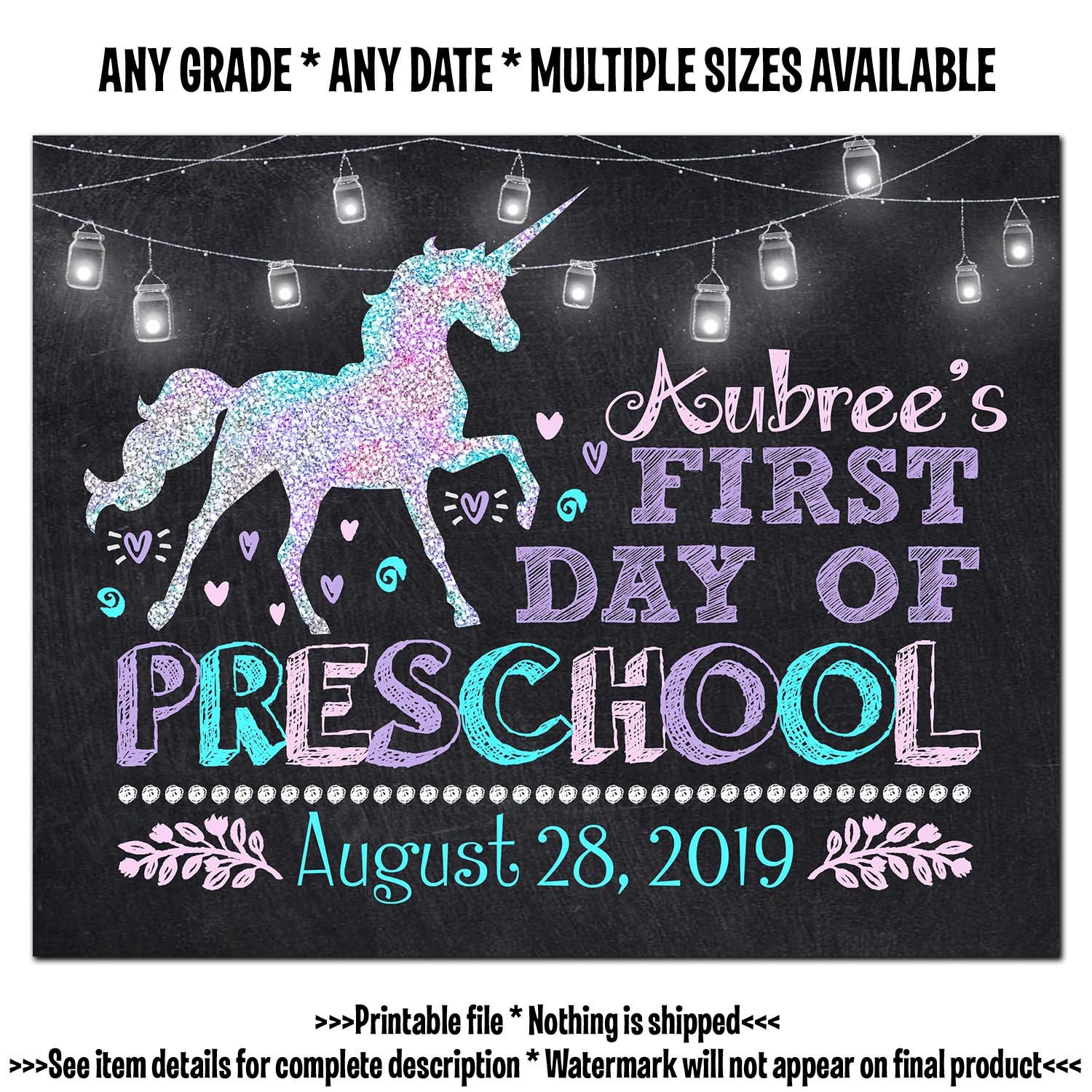 Unicorn First Day of PRESCHOOL Sign PRINTABLE 1st First Day - Etsy