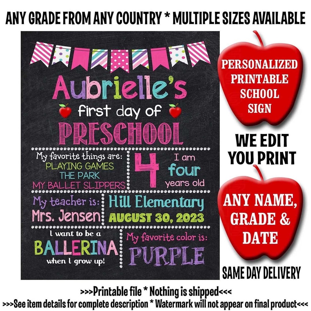 First Day of First Grade Sign, PRINTABLE Chalkboard, Kindergarten Sign ...