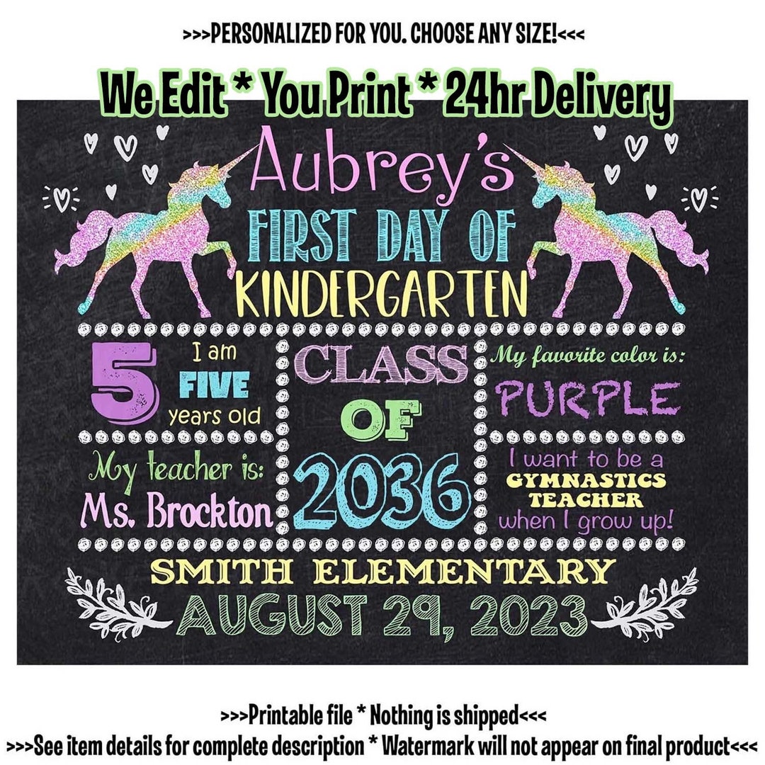 Unicorn First Day of School Sign: Chalkboard Printable (personalized ...