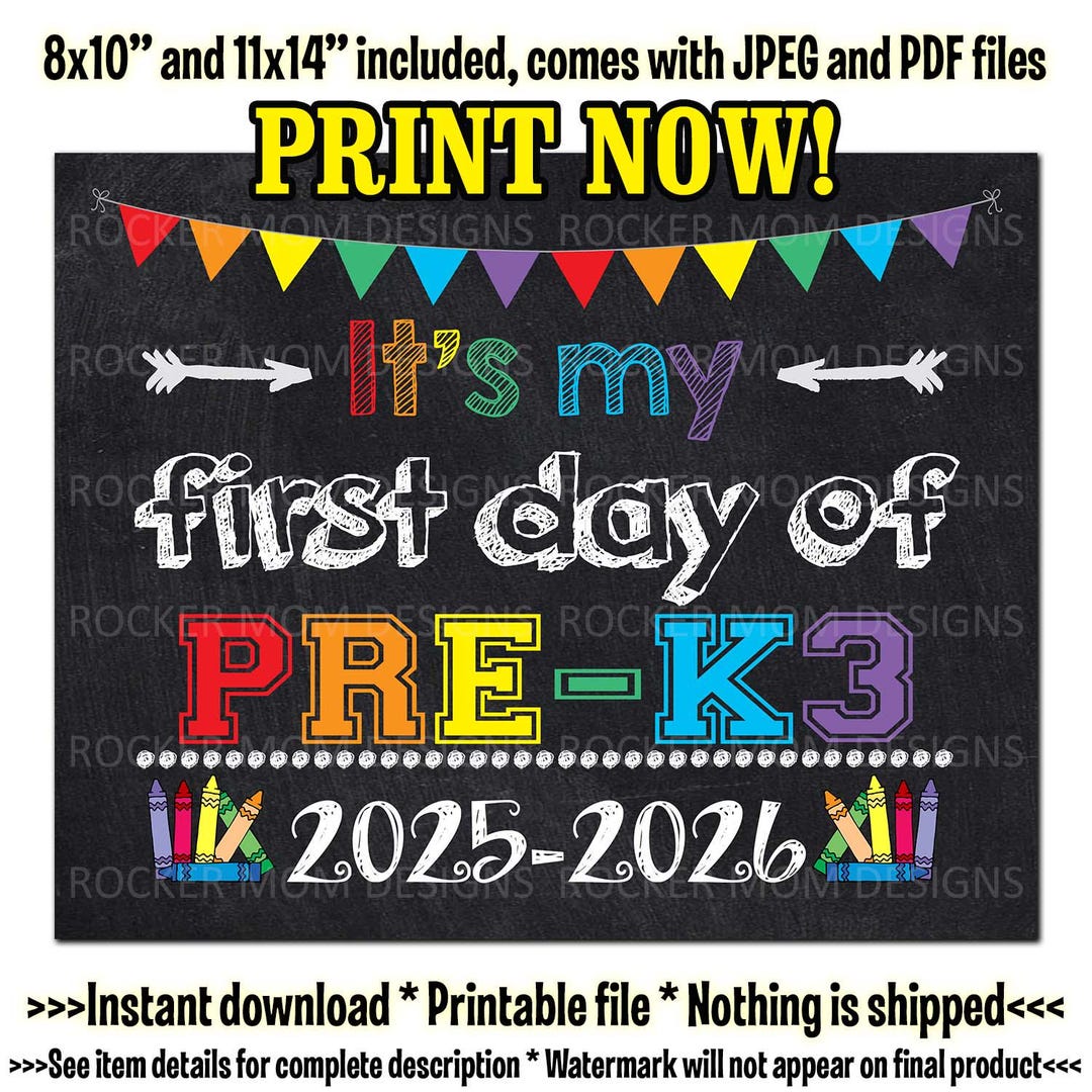 First Day of PRE-K3 Sign, First Day of School Sign, Chalkboard School ...