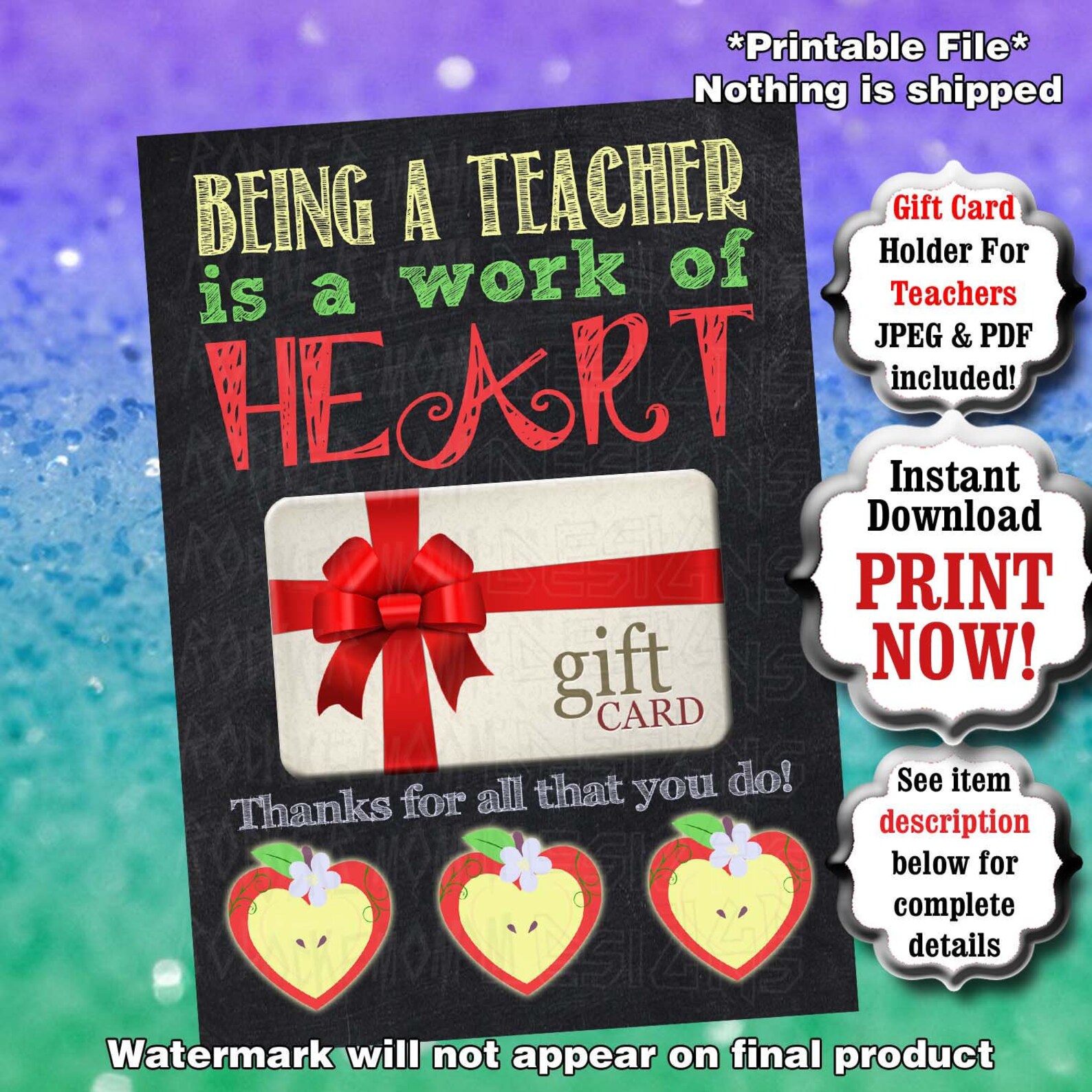 Teacher Gift Card Holder PRINTABLE INSTANT DOWNLOAD End of | Etsy