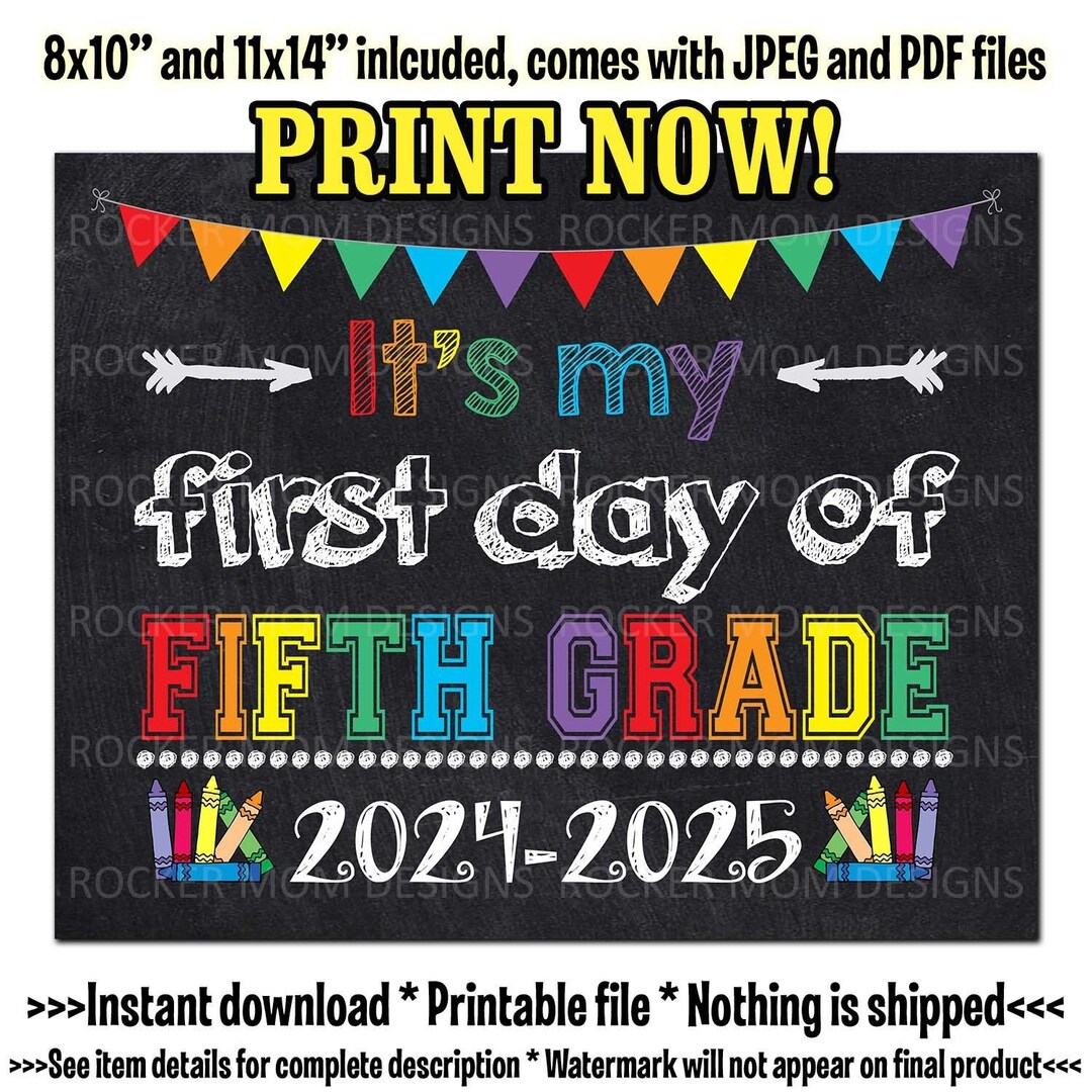 First Day of 5th Grade Sign, First Day of School Sign Chalkboard Poster ...