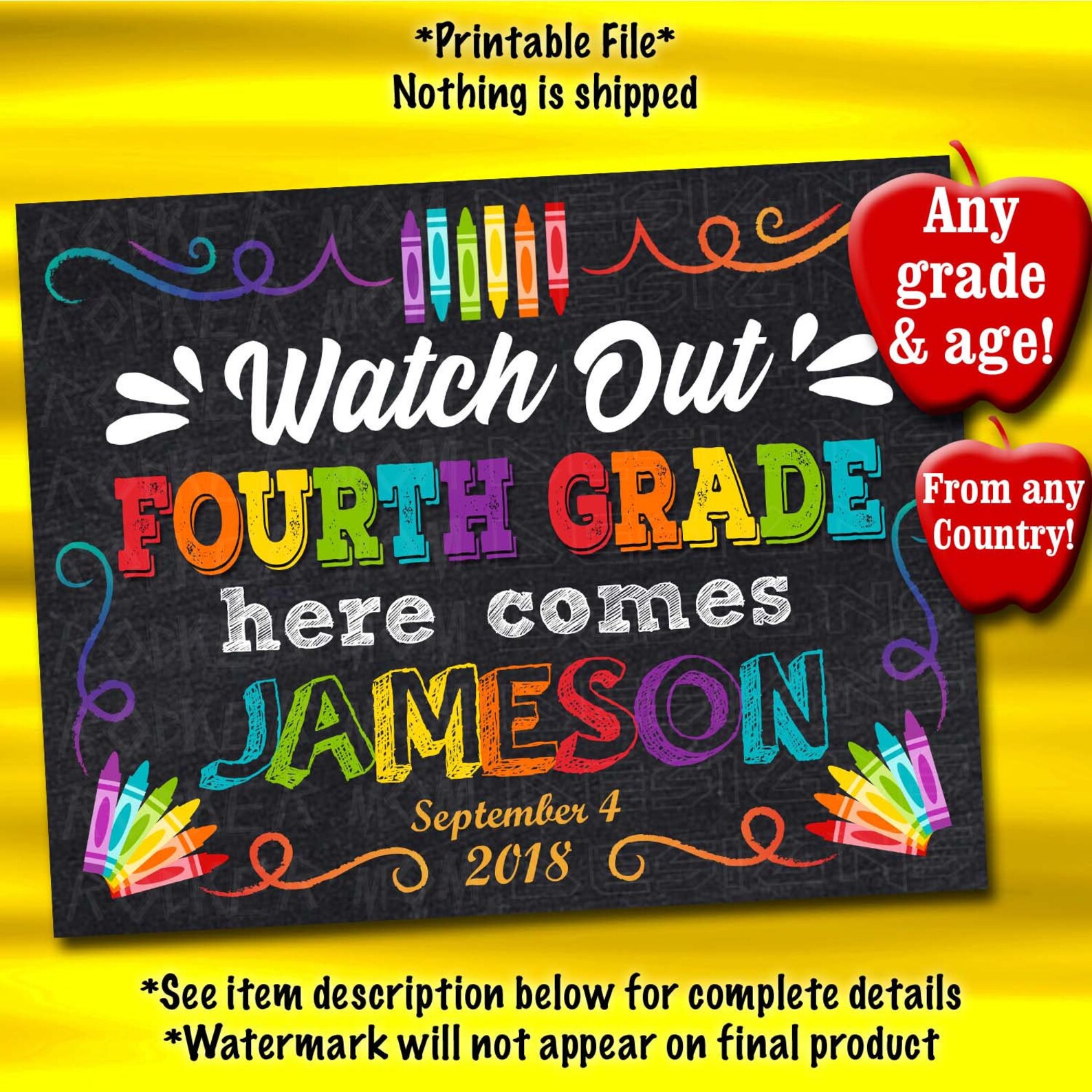 First Day of Fourth Grade Sign First Day of School Sign Back | Etsy