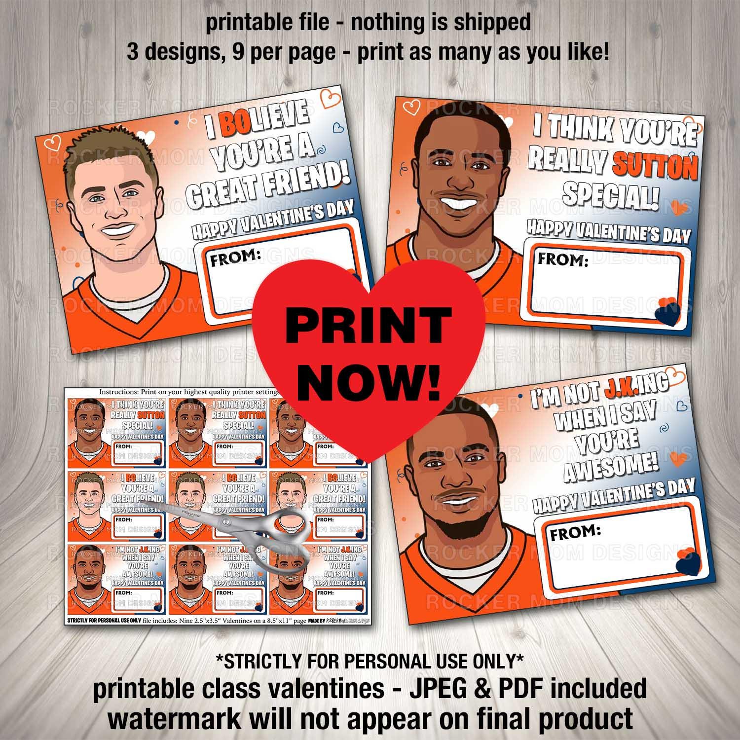 Denver Football Valentines, PRINTABLE American Football Valentine Cards ...