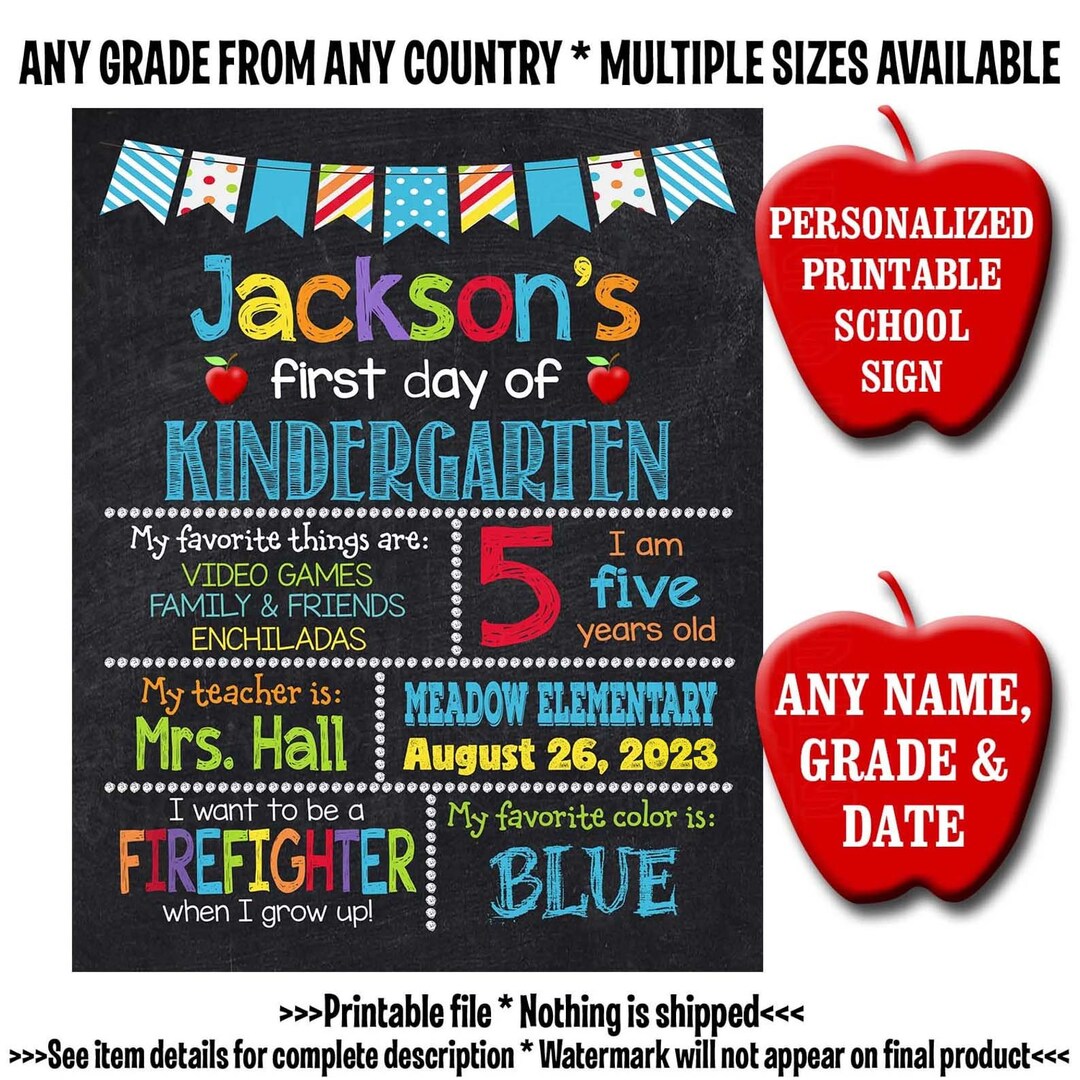 Back to School Grade Sign, Printable School Chalkboard, Pre-k Sign ...