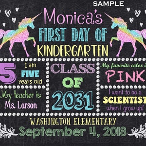 Unicorn First Day of School Sign: Chalkboard Printable (personalized ...