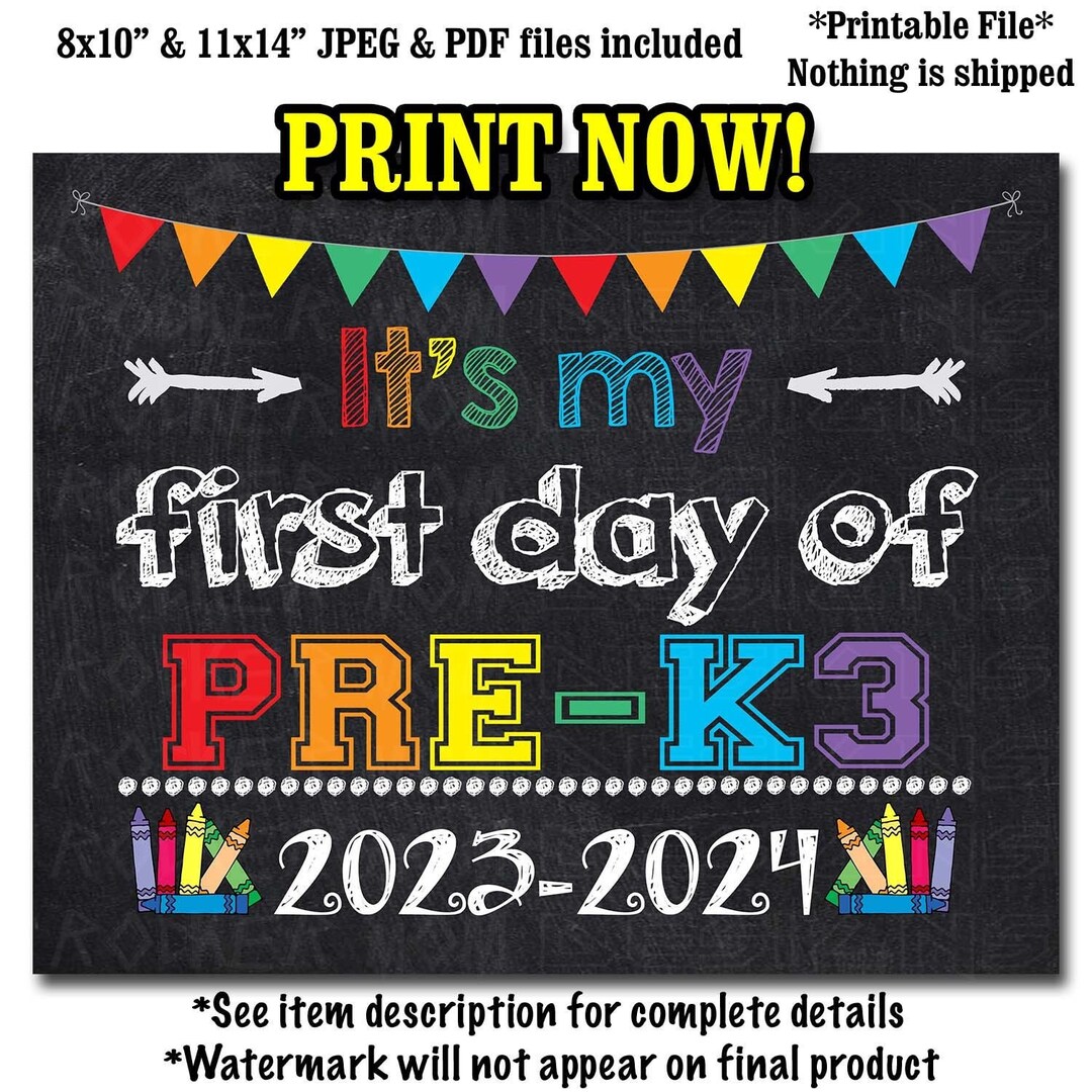 First Day of PRE-K3 Sign, First Day of School Sign, Chalkboard School ...