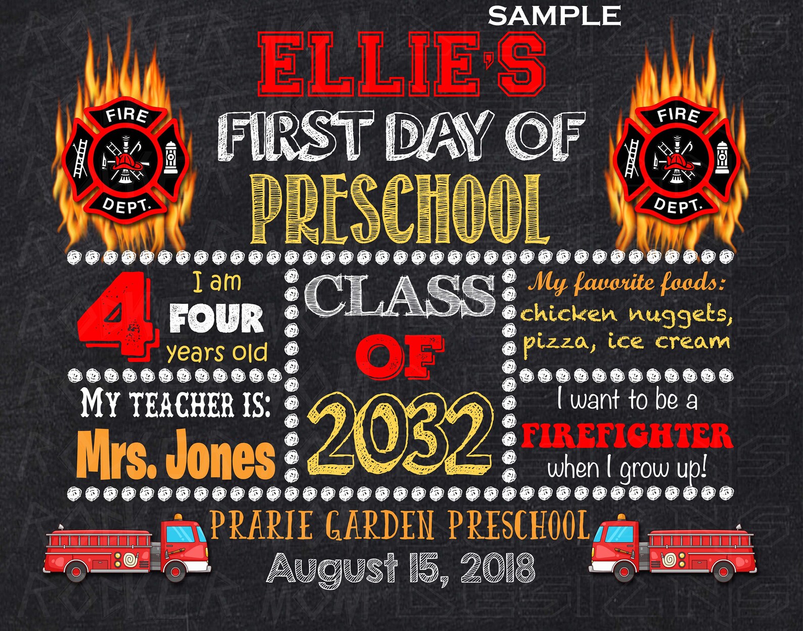 Fire Truck First Day of School Sign: Personalized Chalkboard (digital ...