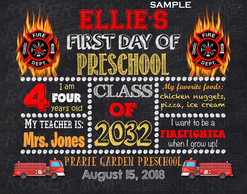 Fire Truck First Day of School Sign: Personalized Chalkboard (digital ...