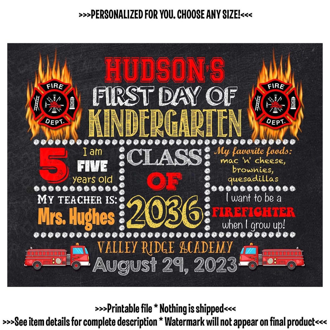 First Day of School Sign, First Day of Kindergarten Sign, Fire Truck ...