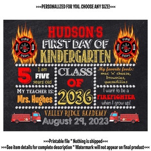 First Day of School Sign, First Day of Kindergarten Sign, Fire Truck ...