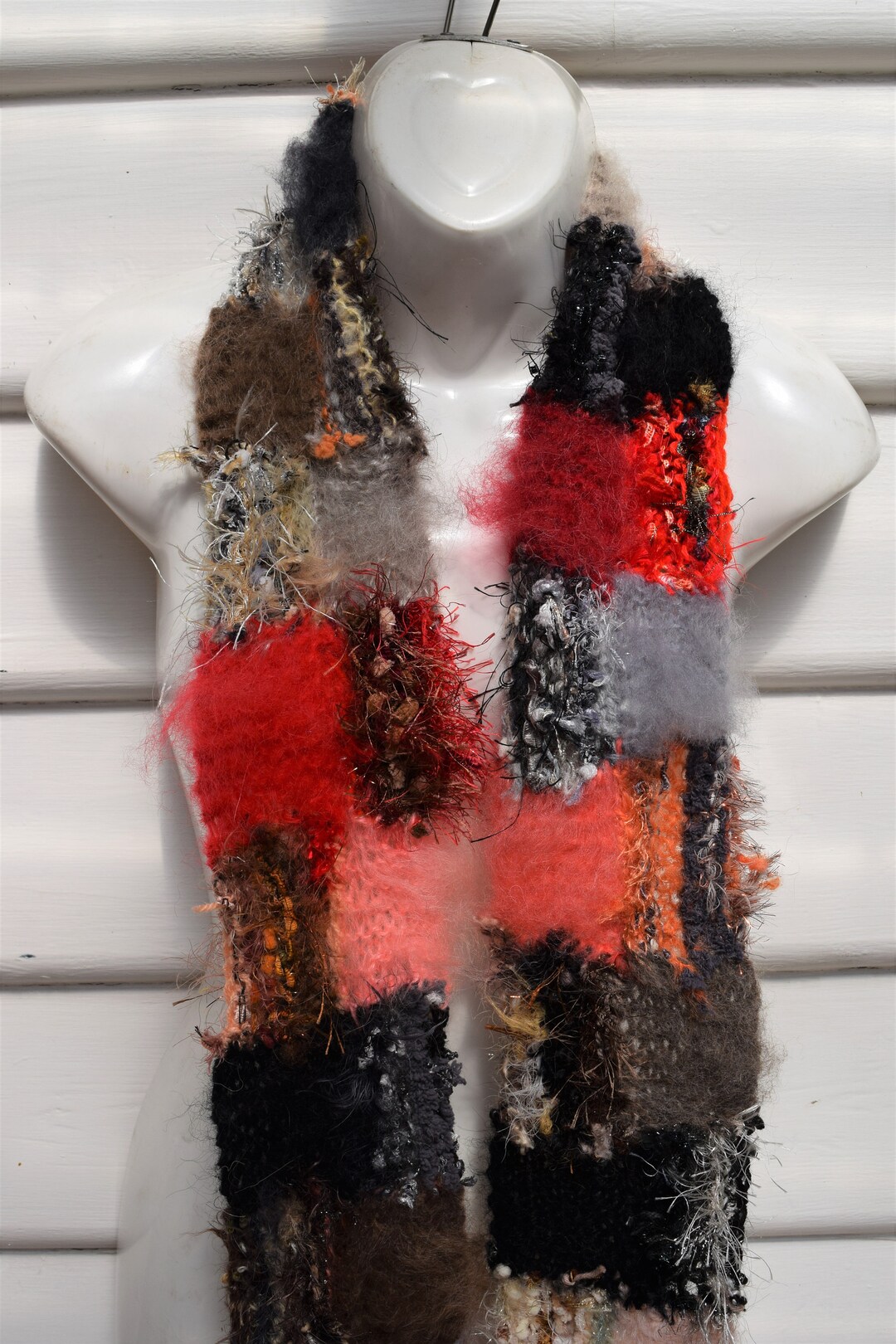 Scarf, Scarves, Handknit Scarf, Patchwork Scarf, Red Black Grey Scarf ...