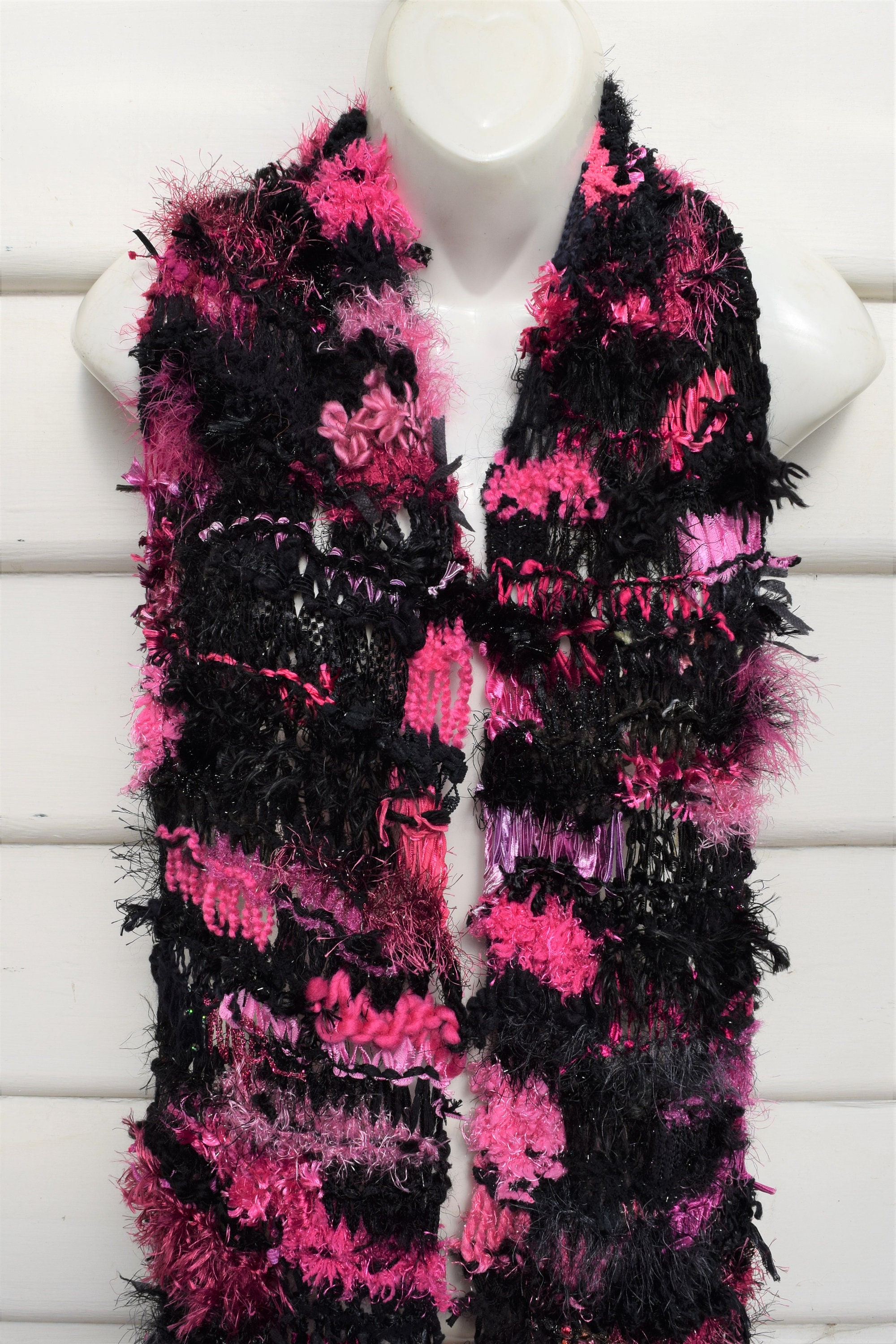 Scarf, Handknit Scarf, Drop Stitch Scarf, Boho, Scrappy, OOAK, Multi ...