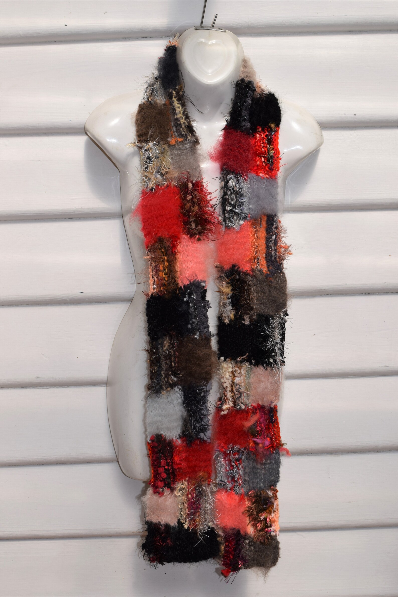 Scarf, Scarves, Handknit Scarf, Patchwork Scarf, Red Black Grey Scarf ...