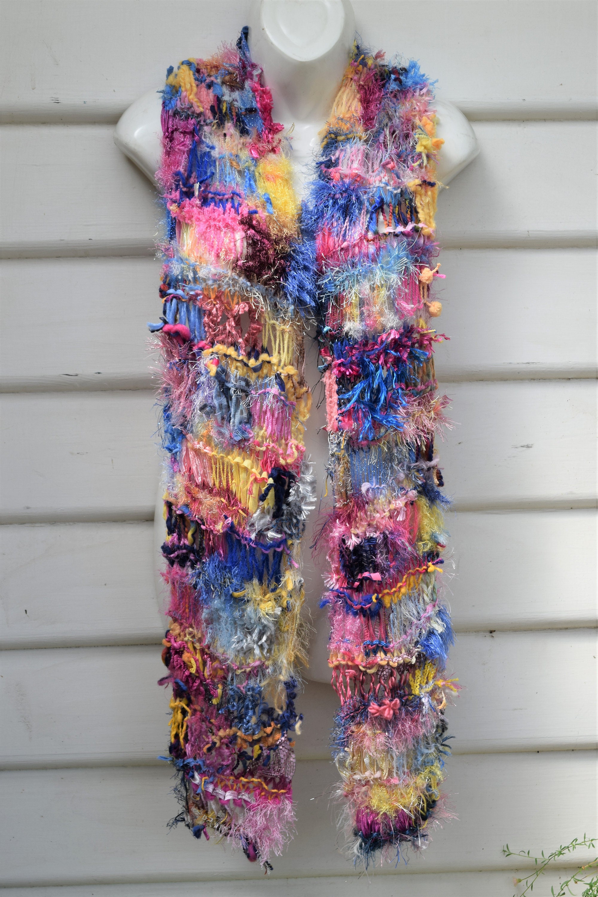 Scarf, Handknit Scarf, Drop Stitch Scarf, Boho, Scrappy, OOAK, Multi ...