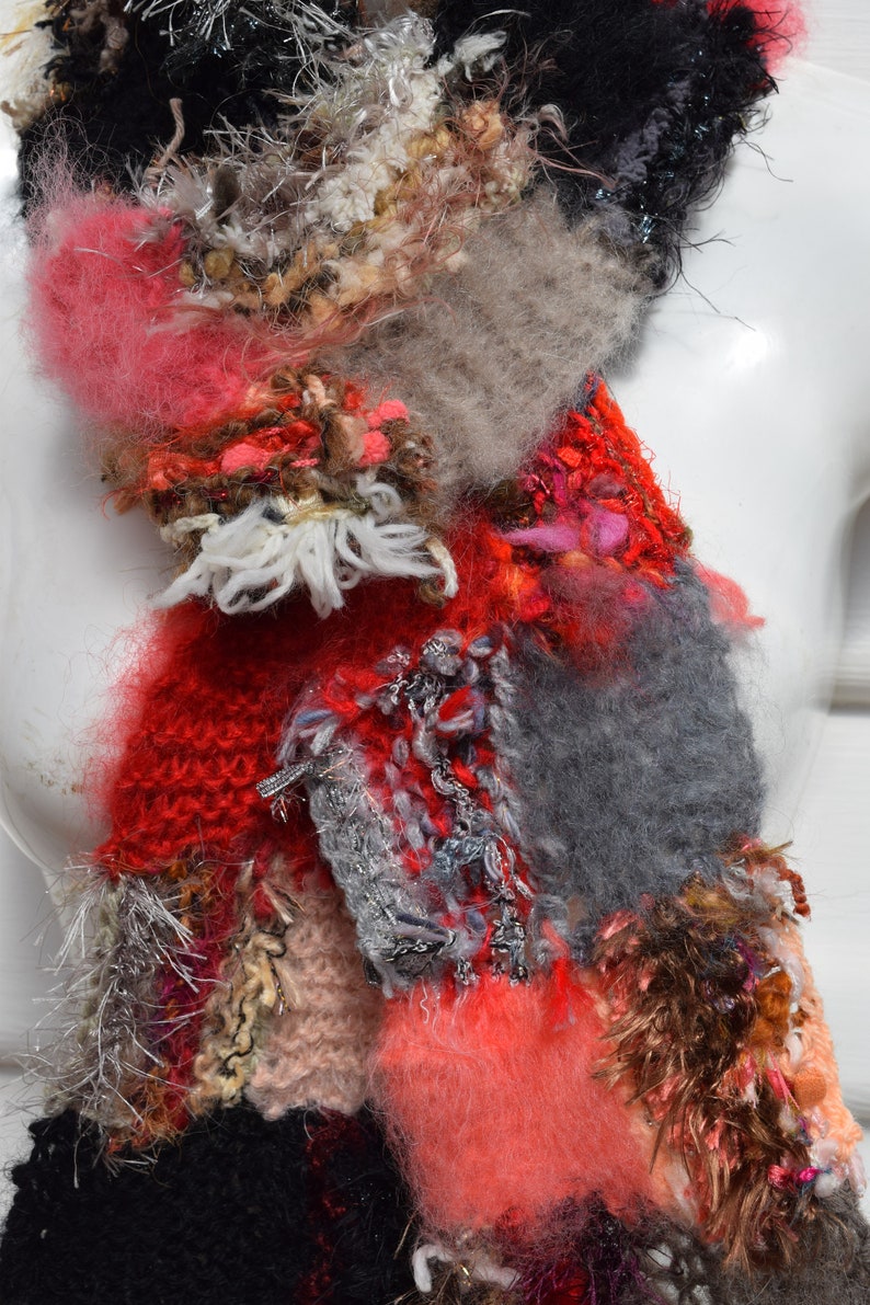 Scarf, Scarves, Handknit Scarf, Patchwork Scarf, Red Black Grey Scarf ...