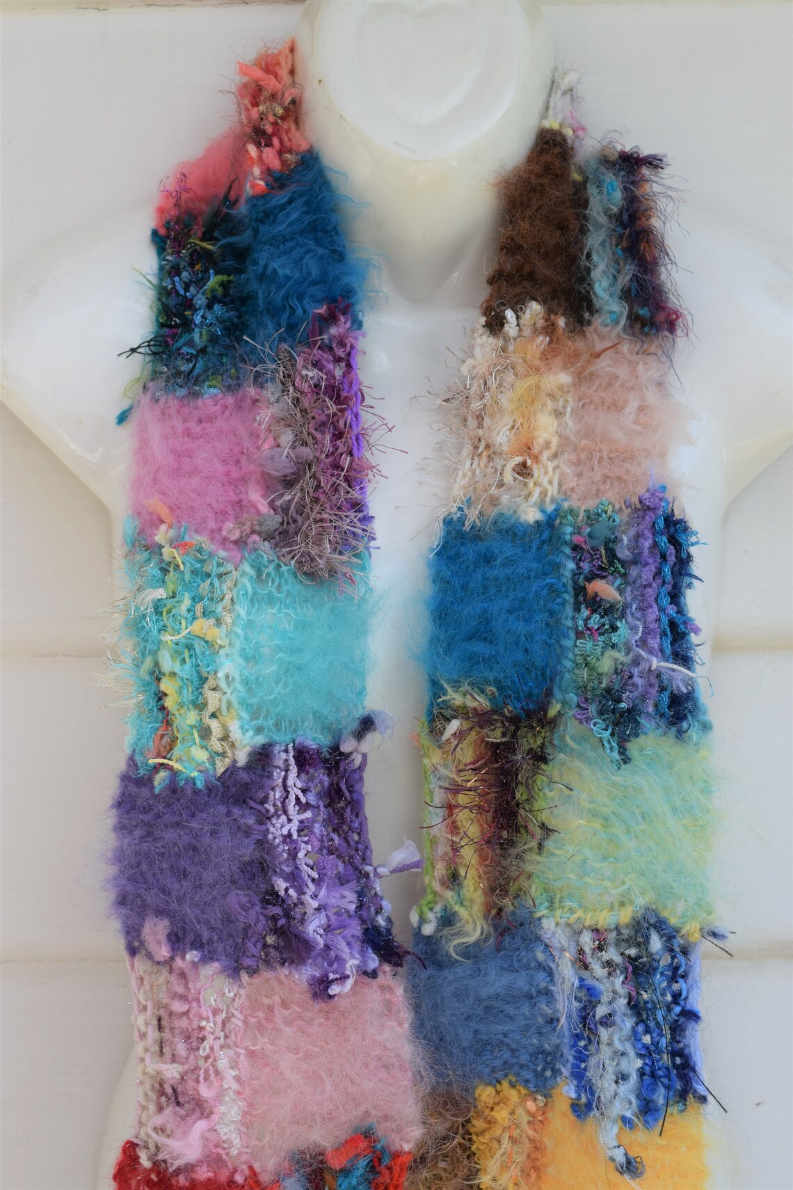 Hand Knit Scarf, Handmade Scarf, Knitted Scarf, Scarves, Patchwork ...