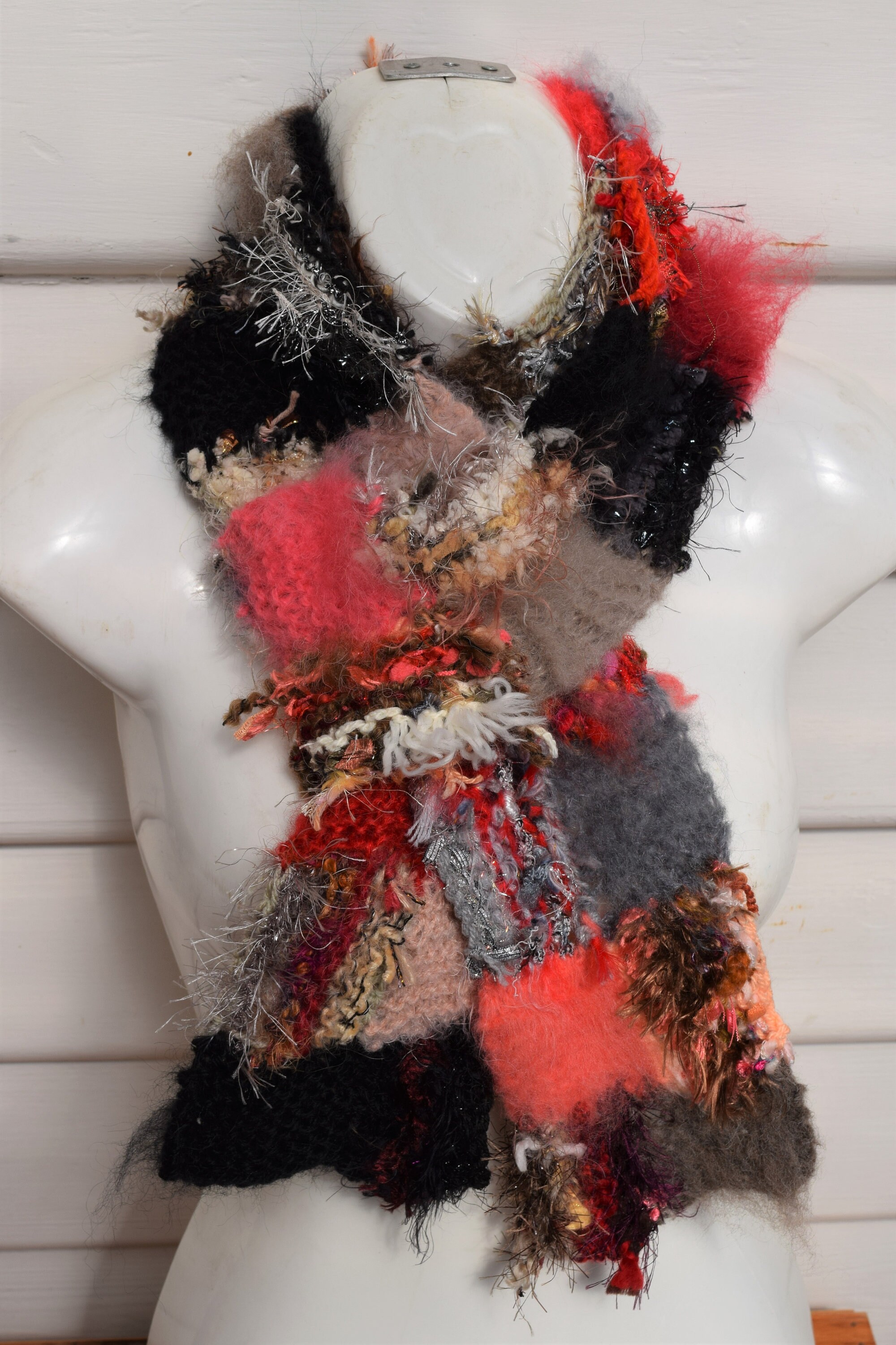 Scarf, Scarves, Handknit Scarf, Patchwork Scarf, Red Black Grey Scarf ...