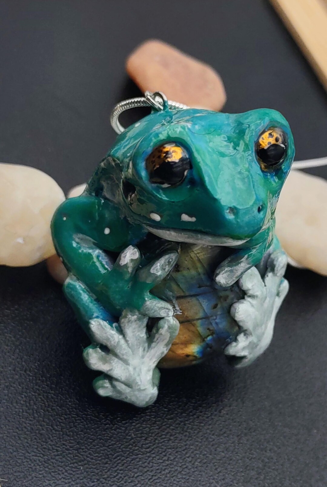 Snowflake Dumpy Frog Necklace With Multi Flash Labradite- Crystal Frog ...