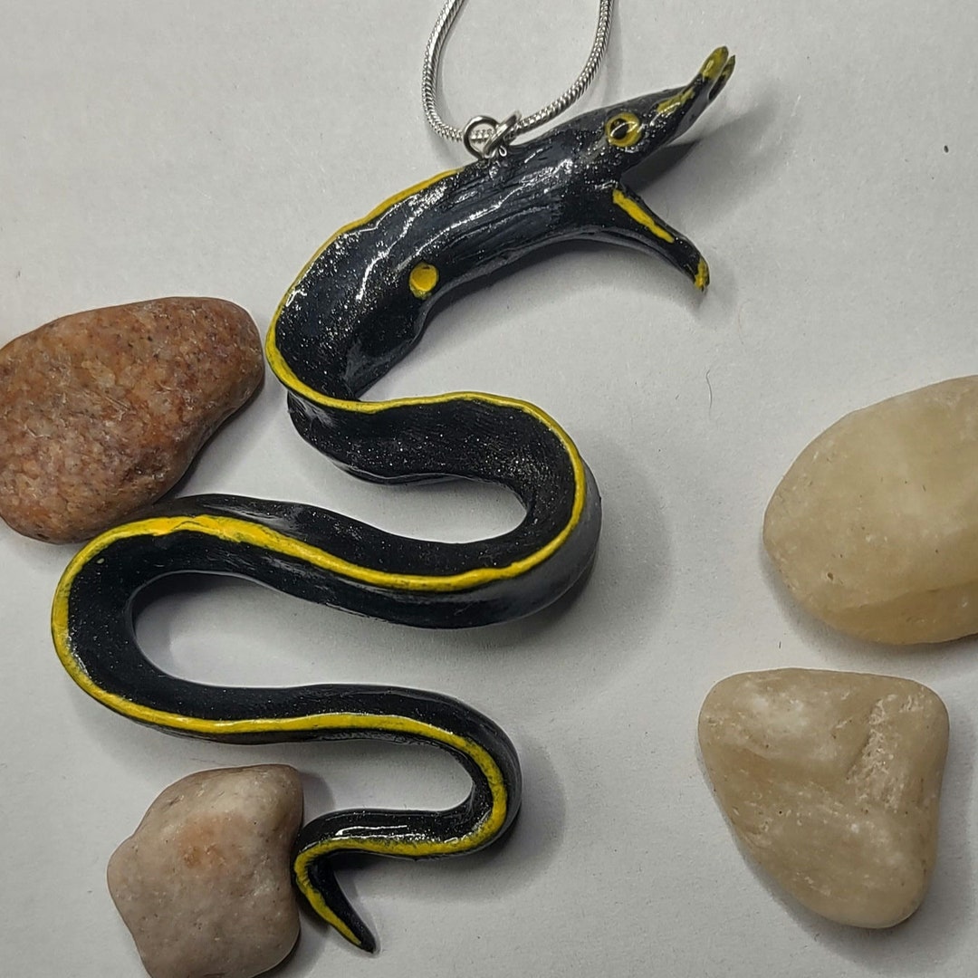Yellow Ribbon Eel Pendant Eel Necklace Black Shimmer Ribbon Eel Ocean Necklace Ocean Pendant ...