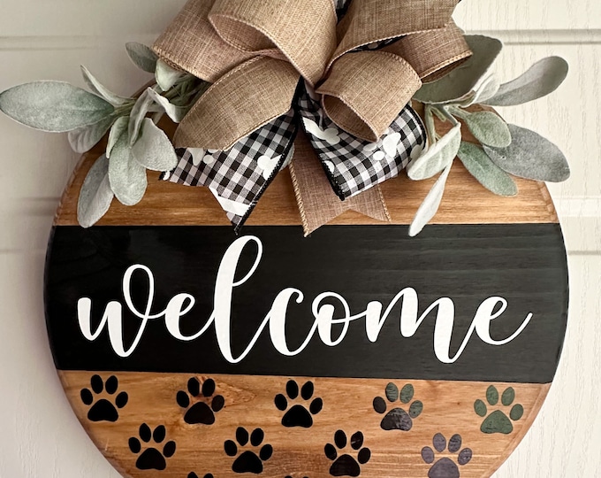 Welcome Sign | Paw Print | Door Hanger | Wood Sign | Front Door Decor ...