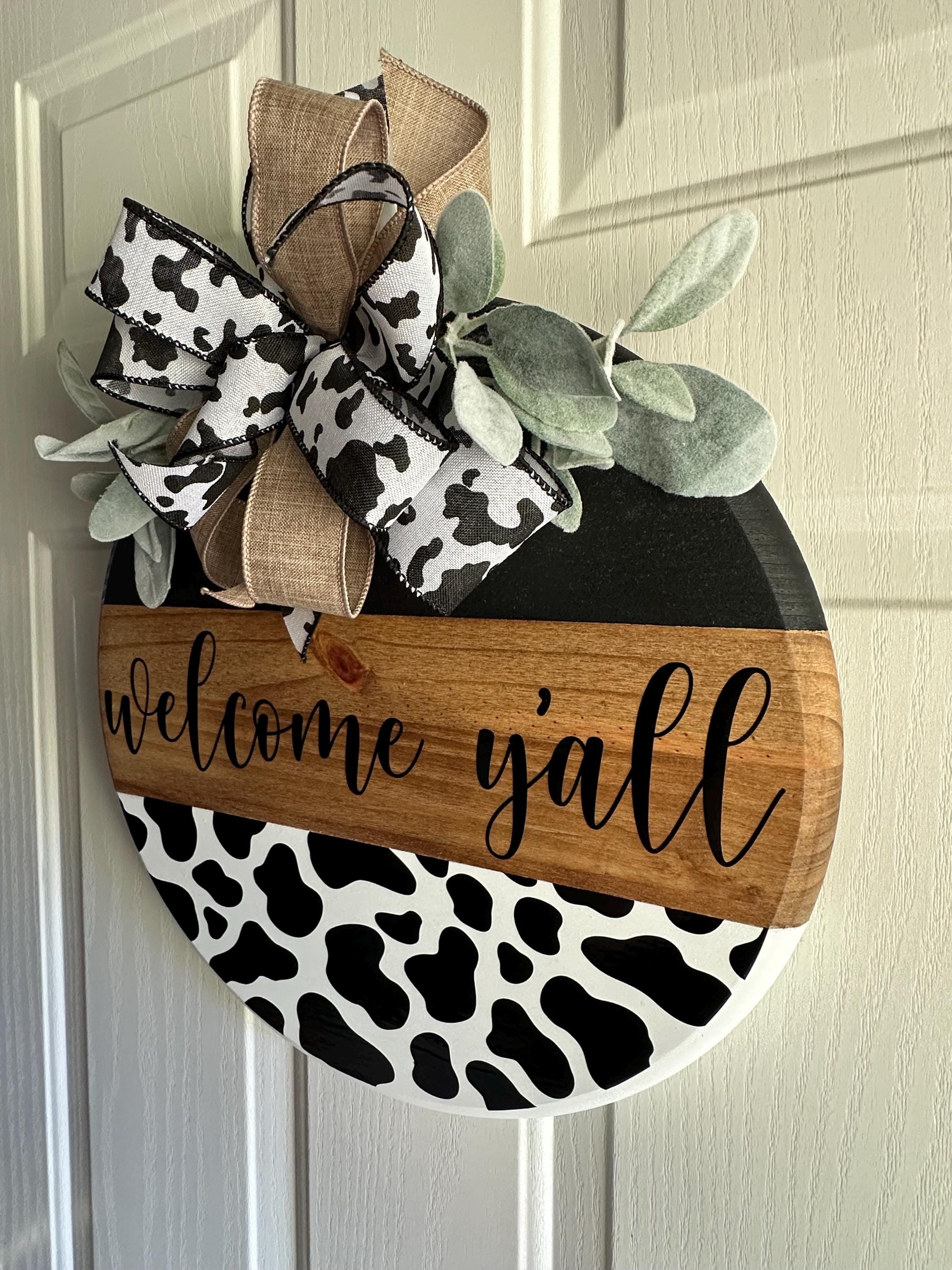 Cow Print Welcome Sign | Farmhouse Front Door Decor, Black - Etsy