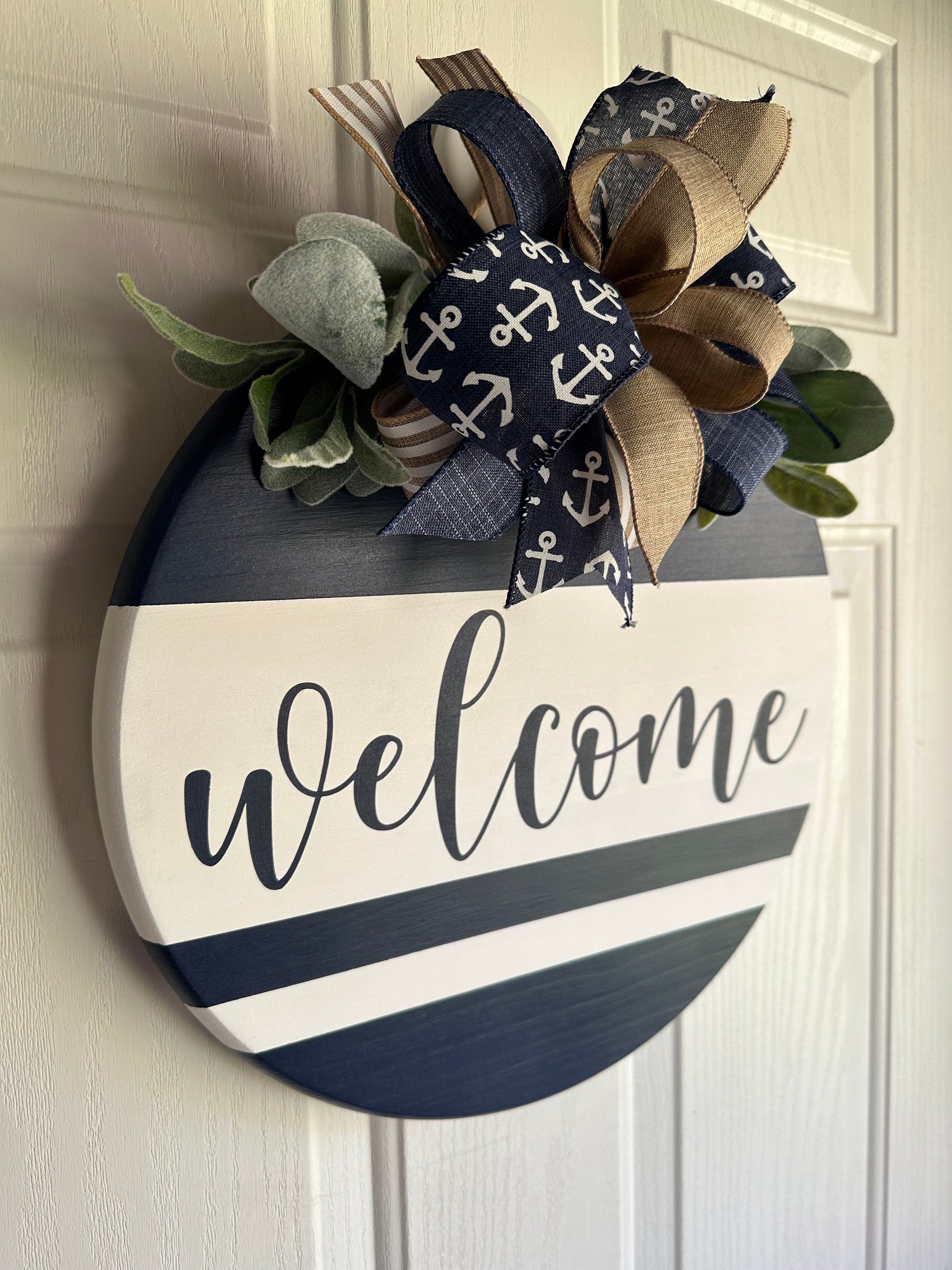 Nautical Anchor Welcome Door Hanger, Navy Blue Coastal Beach House Sign ...