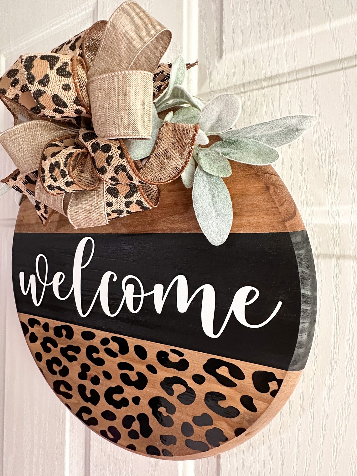 Leopard Print Welcome Sign | Round Wood Door Hanger - Etsy