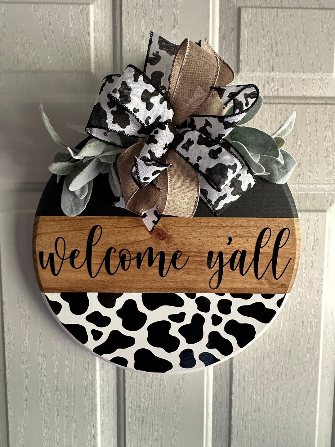Cow Print Welcome Sign | Farmhouse Front Door Decor, Black - Etsy