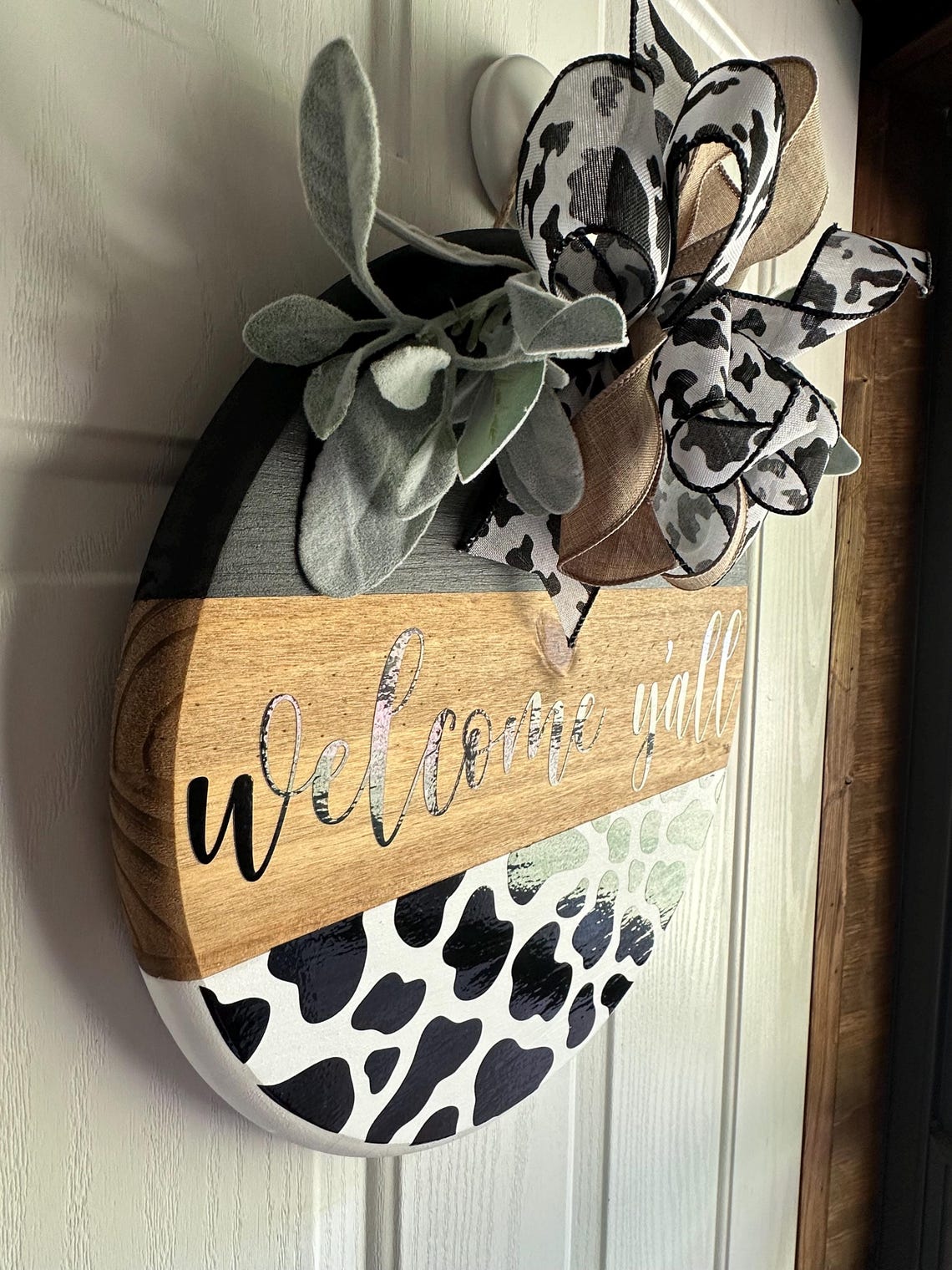 Cow Print Welcome Sign | Farmhouse Front Door Decor, Black - Etsy