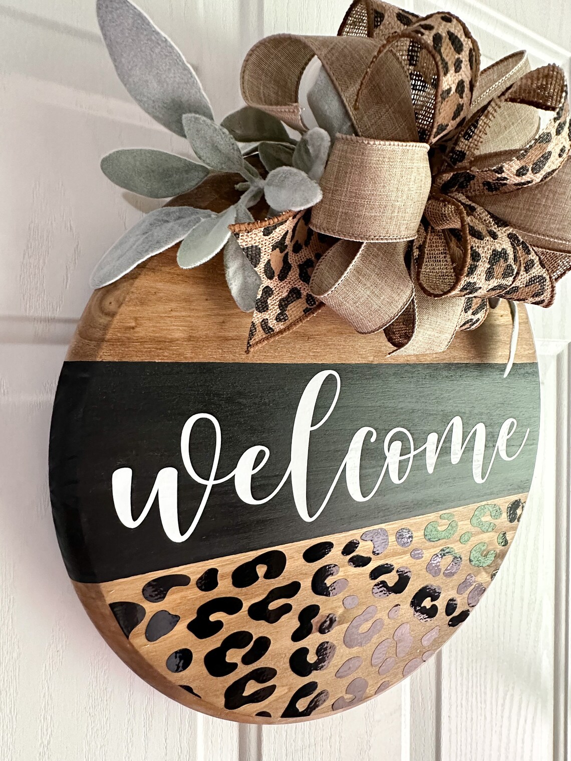 Leopard Print Welcome Sign | Round Wood Door Hanger - Etsy