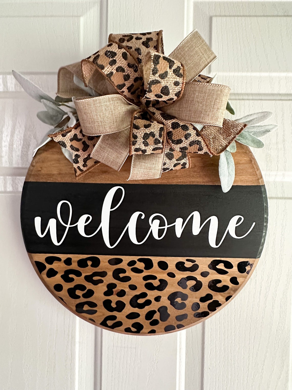 Leopard Print Welcome Sign | Round Wood Door Hanger - Etsy