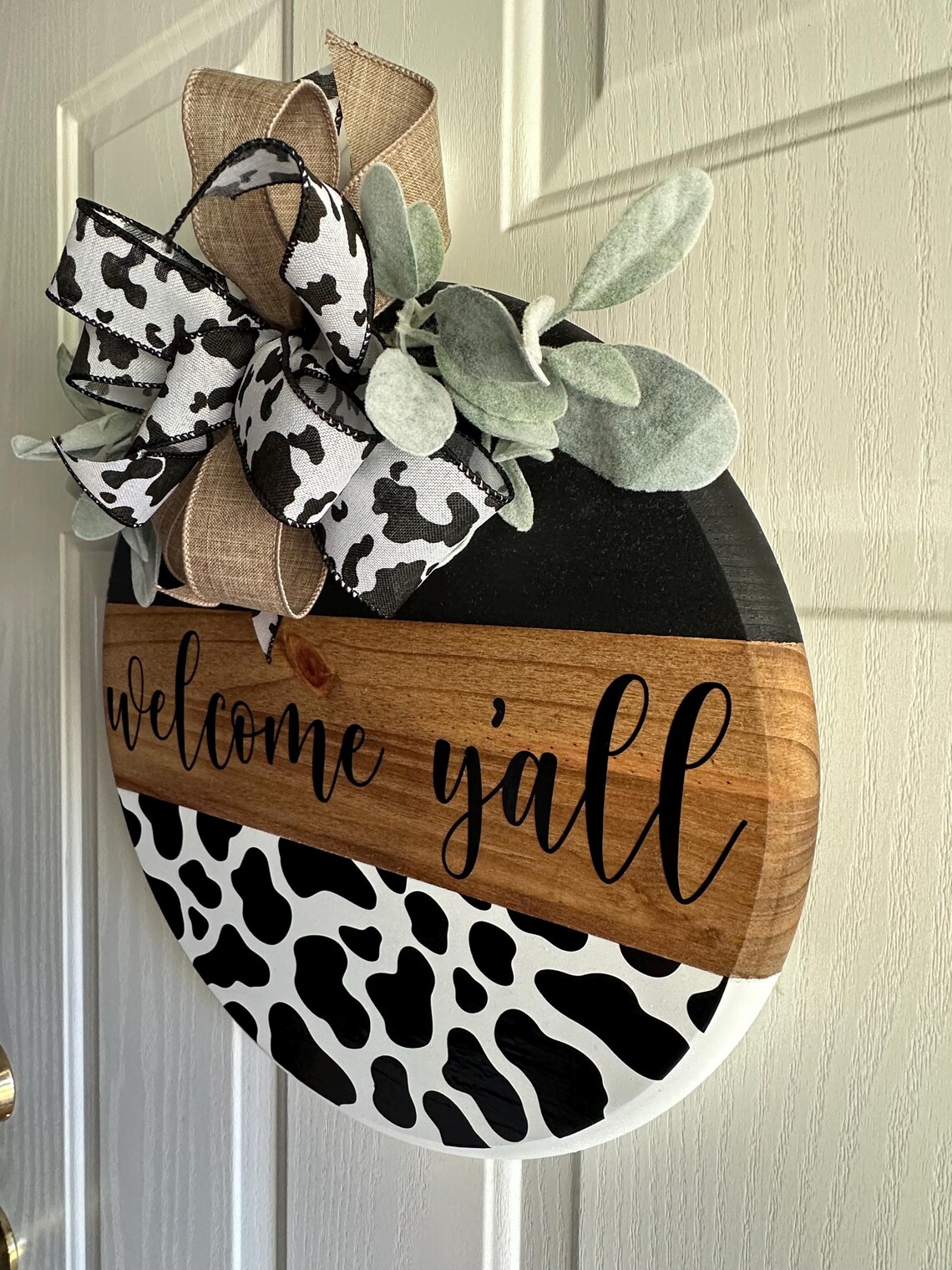 Cow Print Welcome Sign | Farmhouse Front Door Decor, Black - Etsy