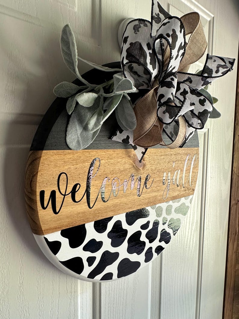 Cow Print Welcome Sign | Farmhouse Front Door Decor, Black - Etsy