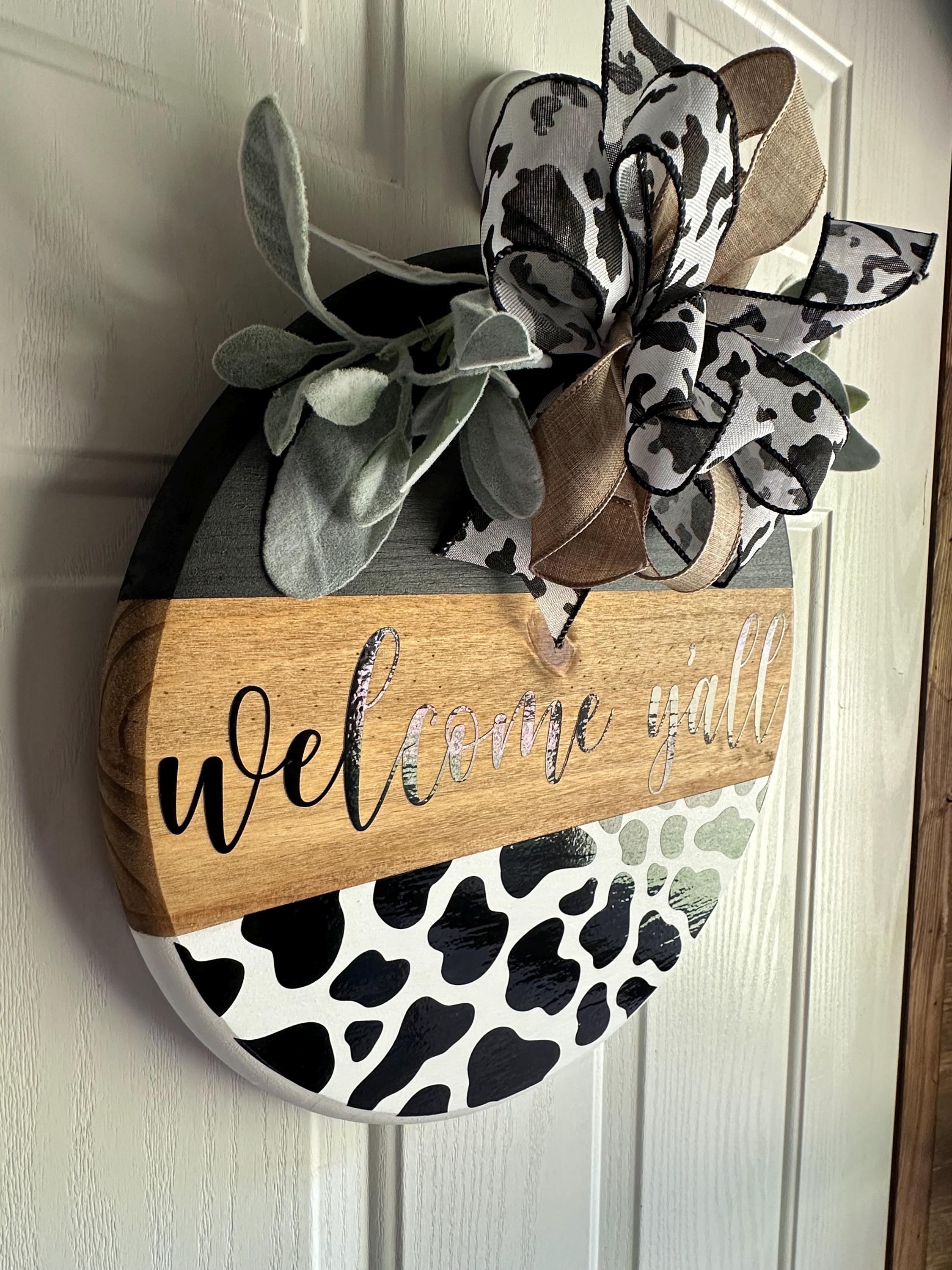 Cow Print Welcome Sign | Farmhouse Front Door Decor, Black - Etsy