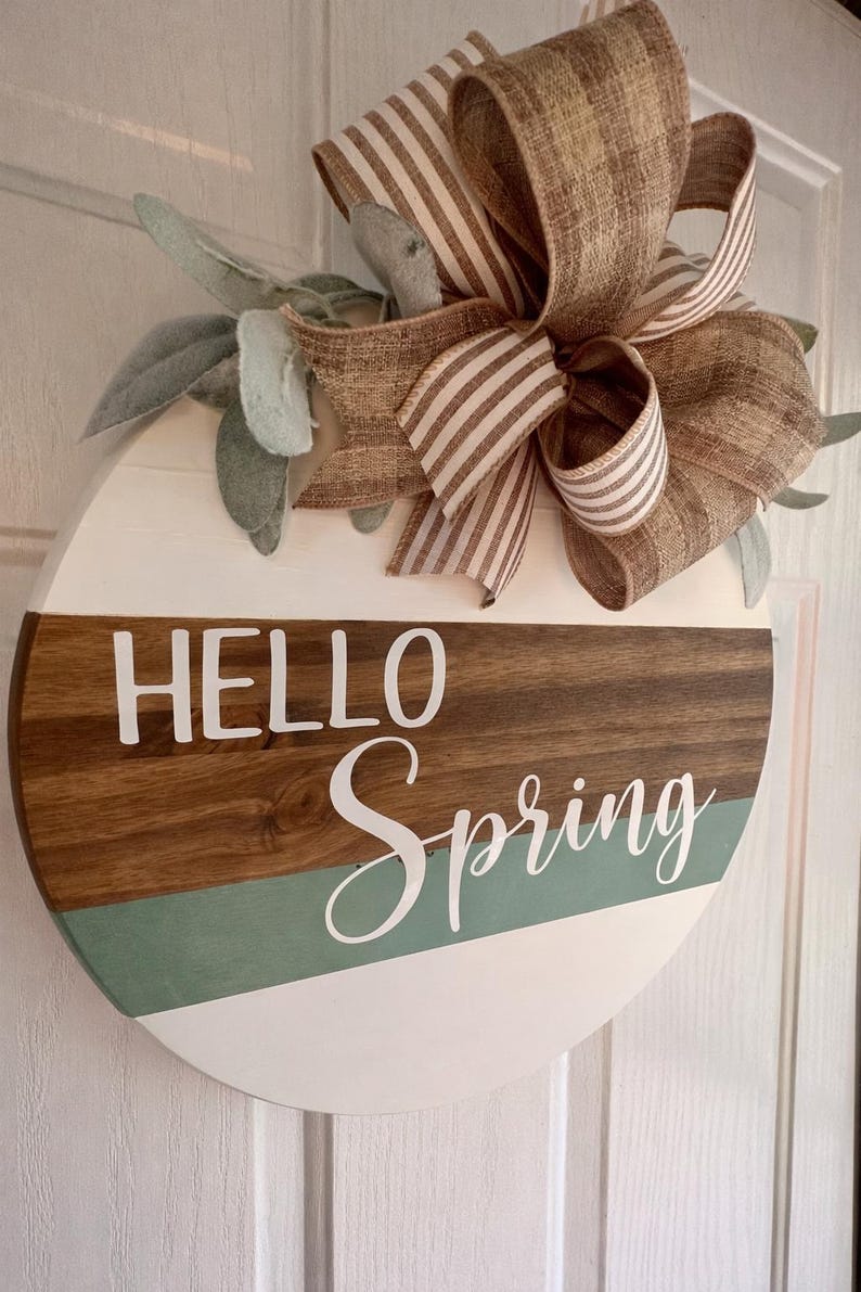 Hello Spring Wood Door Hanger | Golden Oak Stain, Green Stripe - Etsy
