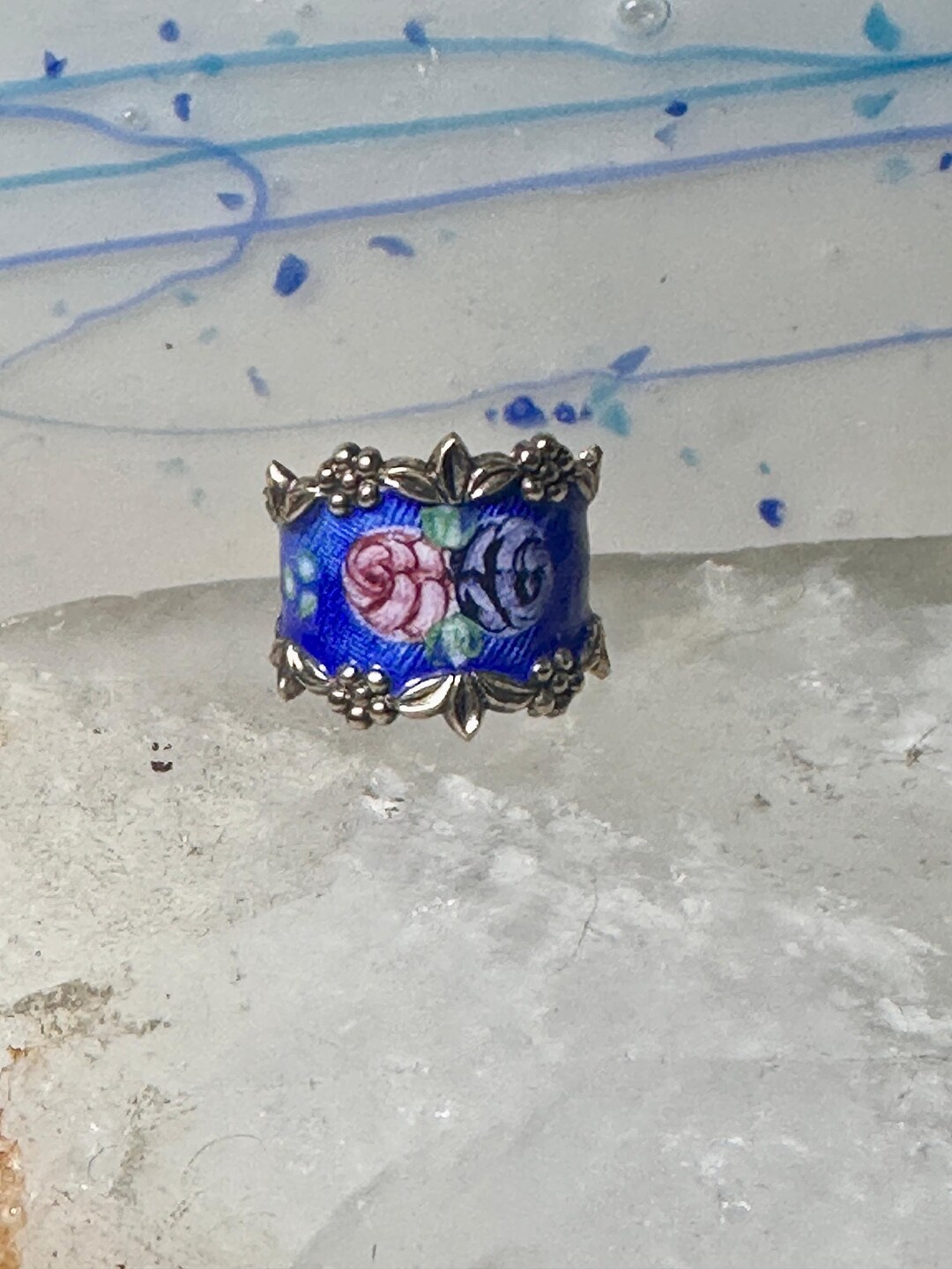 Guilloche Ring Floral Rose Blue Band Size 6.75 Sterling Silver Women ...