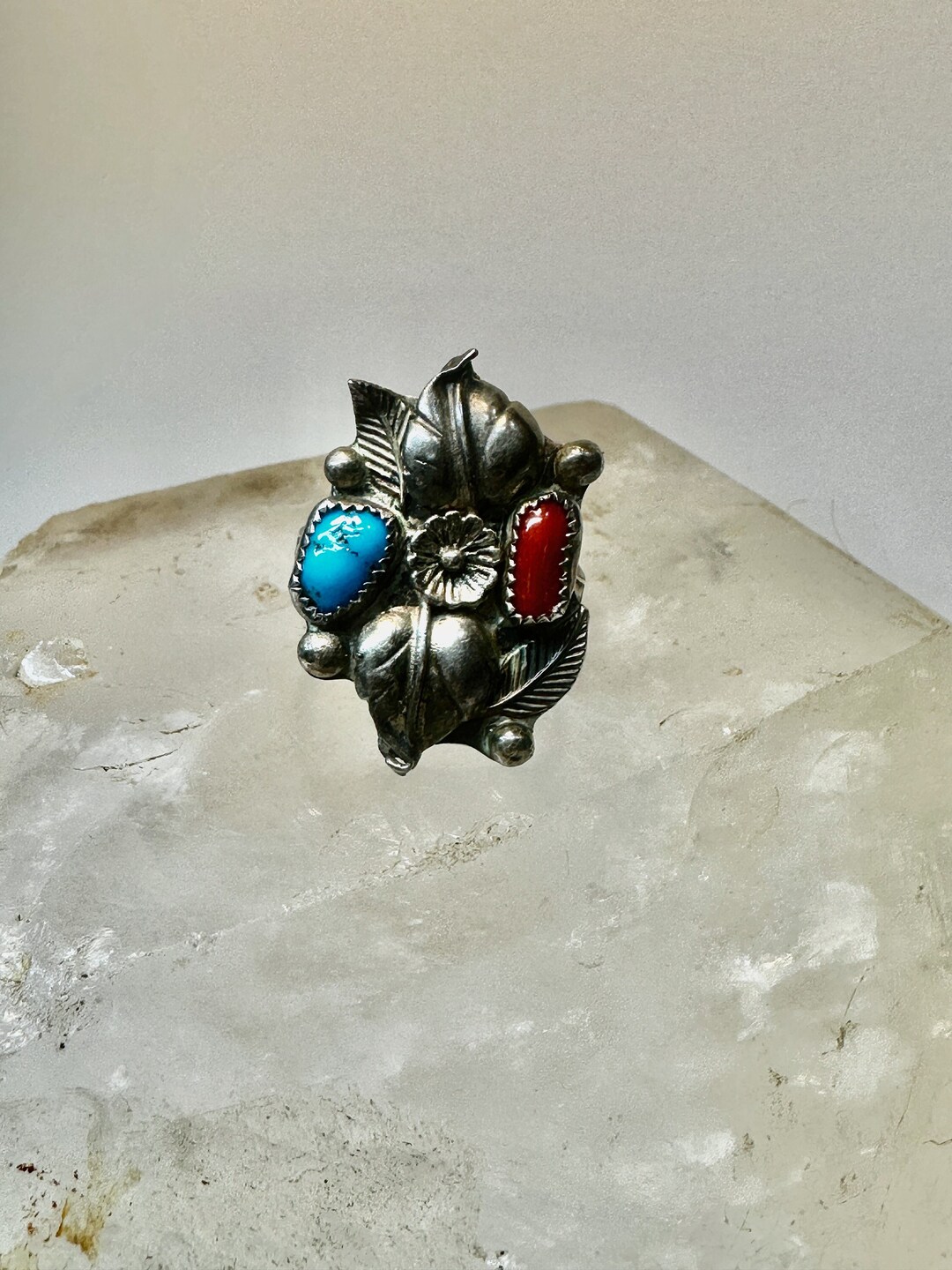 Squash Blossom Ring Turquoise Coral Size 9.75 Navajo Sterling Silver ...
