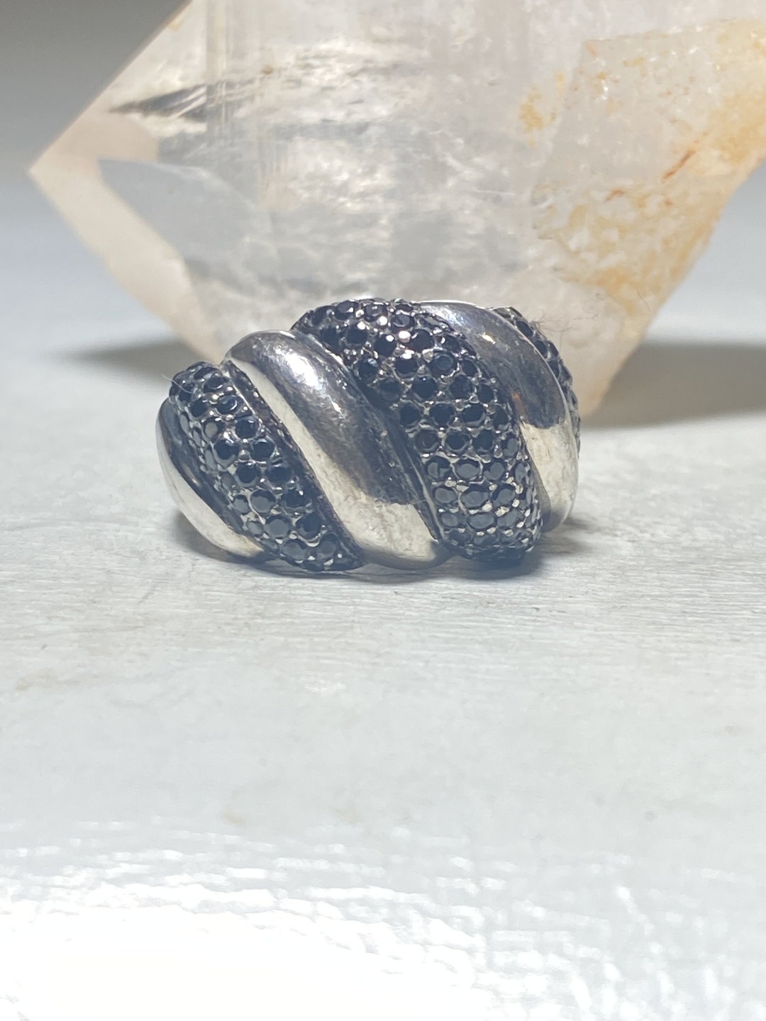 Chunky Ring Dome Black Crystals Fluted Band Sterling Silver Women Size ...