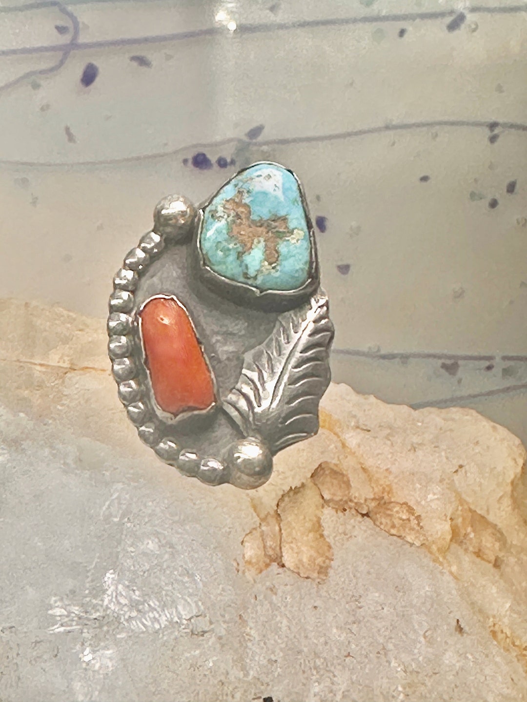 Navajo Ring Size 5.25 Signed L Platero Turquoise Coral Sterling Silver ...