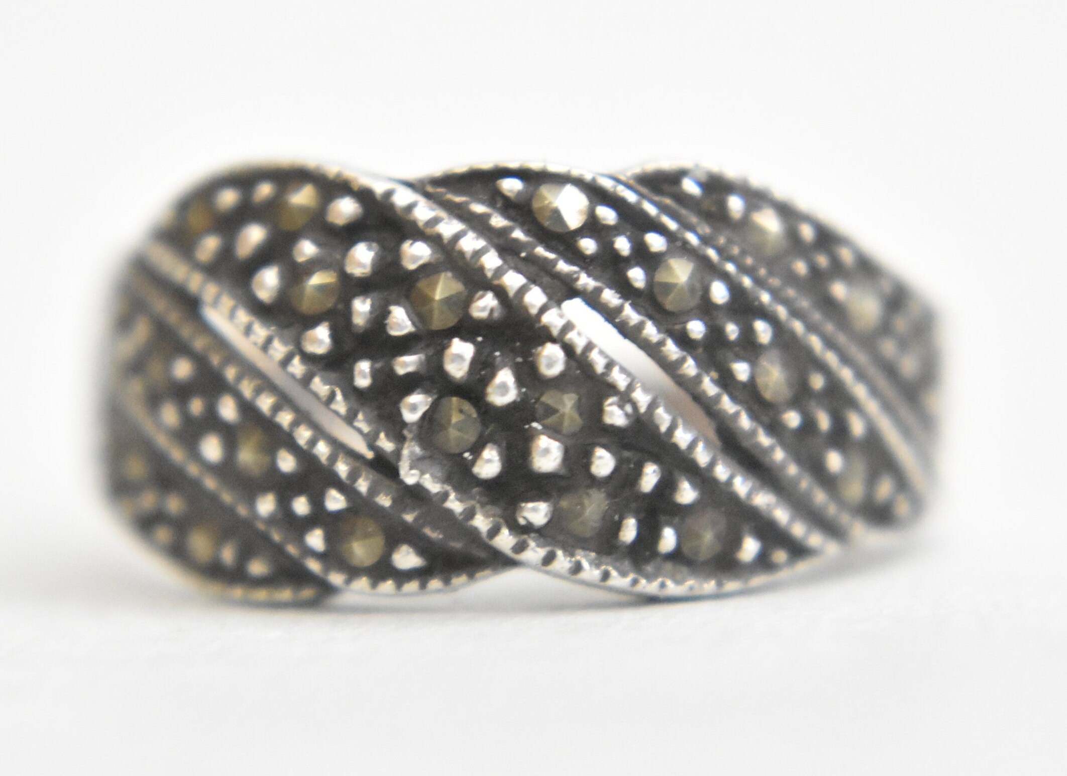 Flower Leaf Ring Marcasite Cigar Band Art Deco Sterling Silver Thumb ...