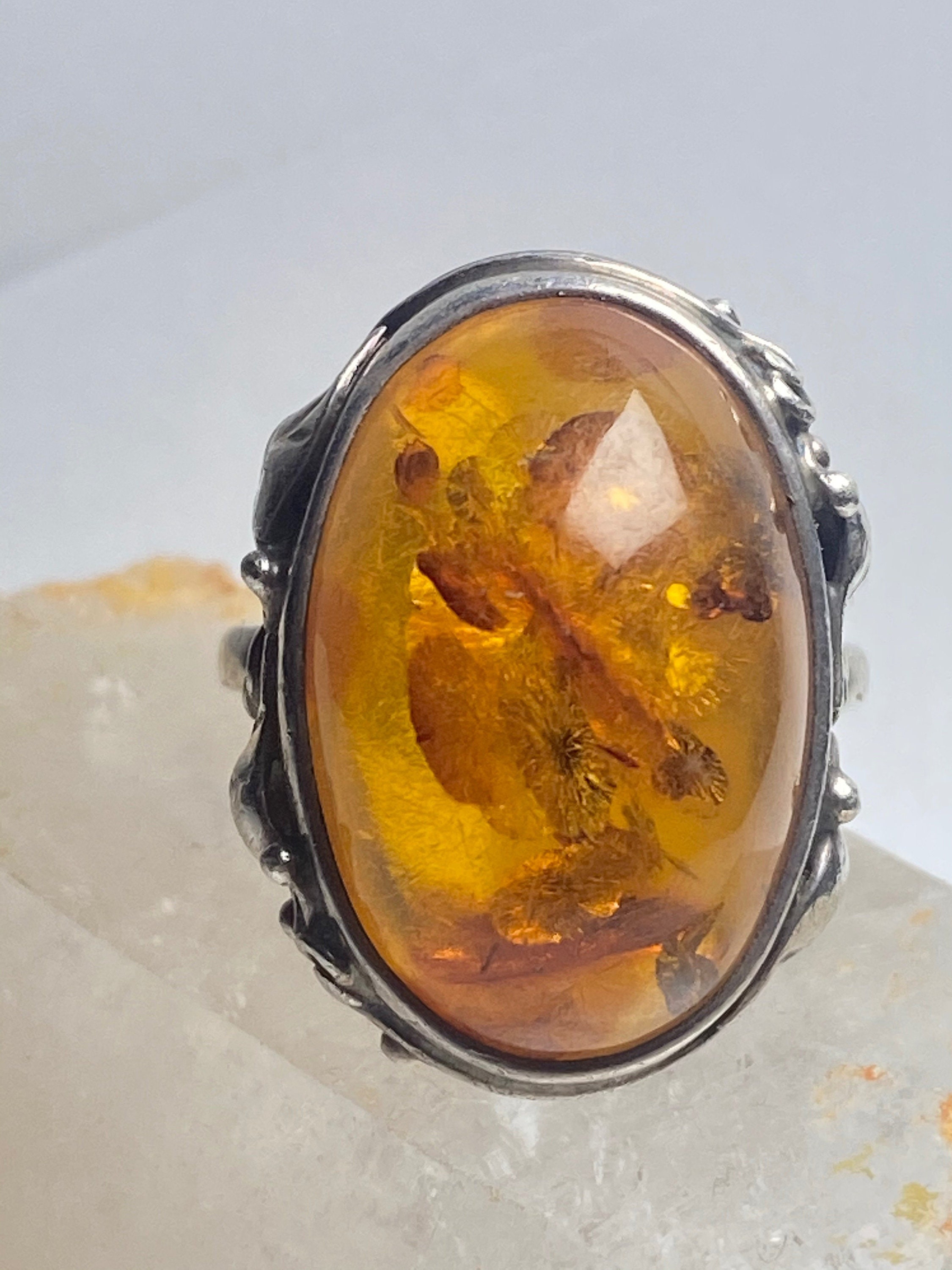 Amber Ring Nouveau Art Deco Floral Leaves Sterling Silver Women Girls ...