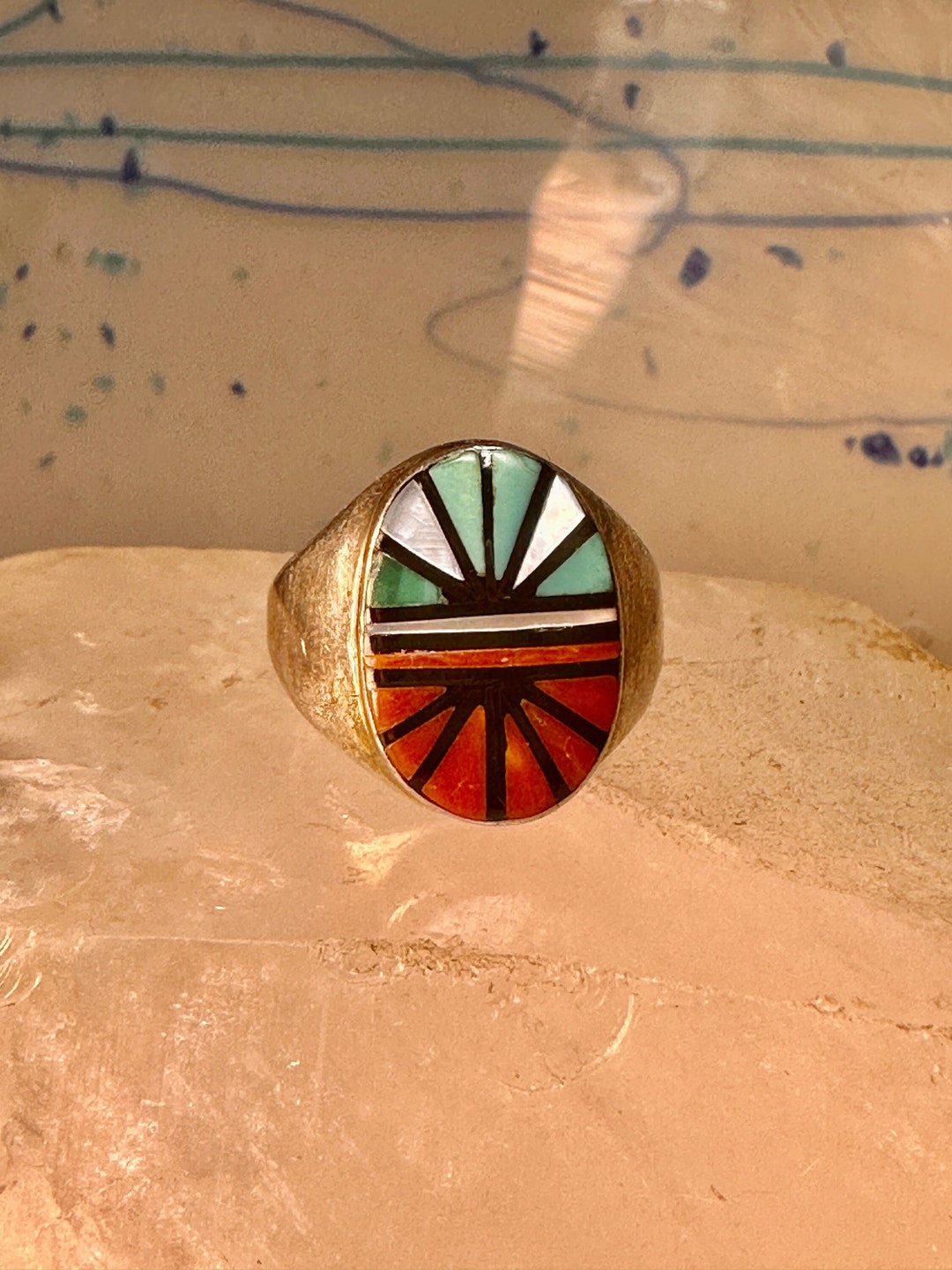 Turquoise Ring Zuni Coral Inlay Mother of Pearl Size 10.7 Sterling ...