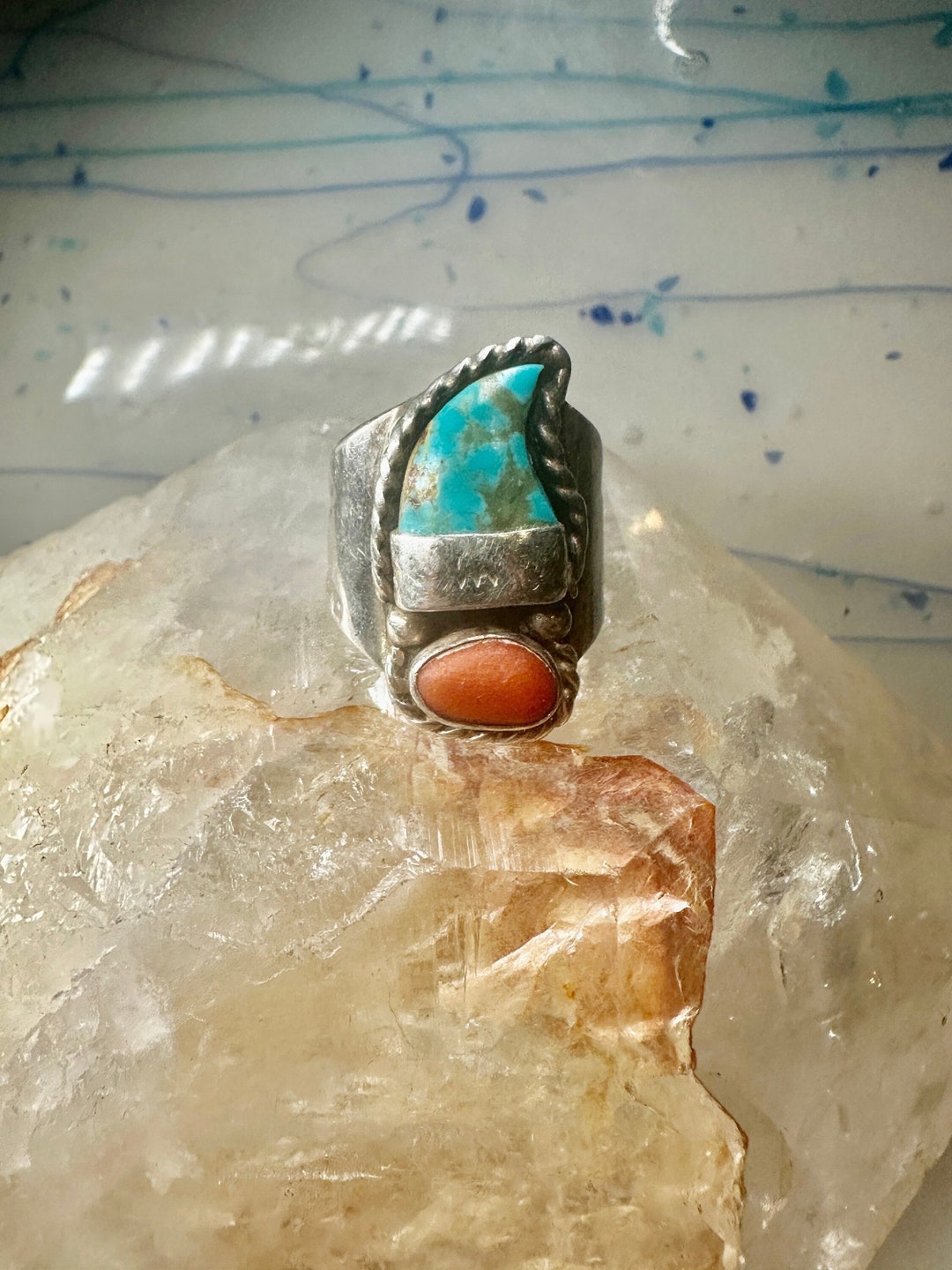 Navajo Ring Turquoise Claw Coral Size 8 Sterling Silver Women Men ...