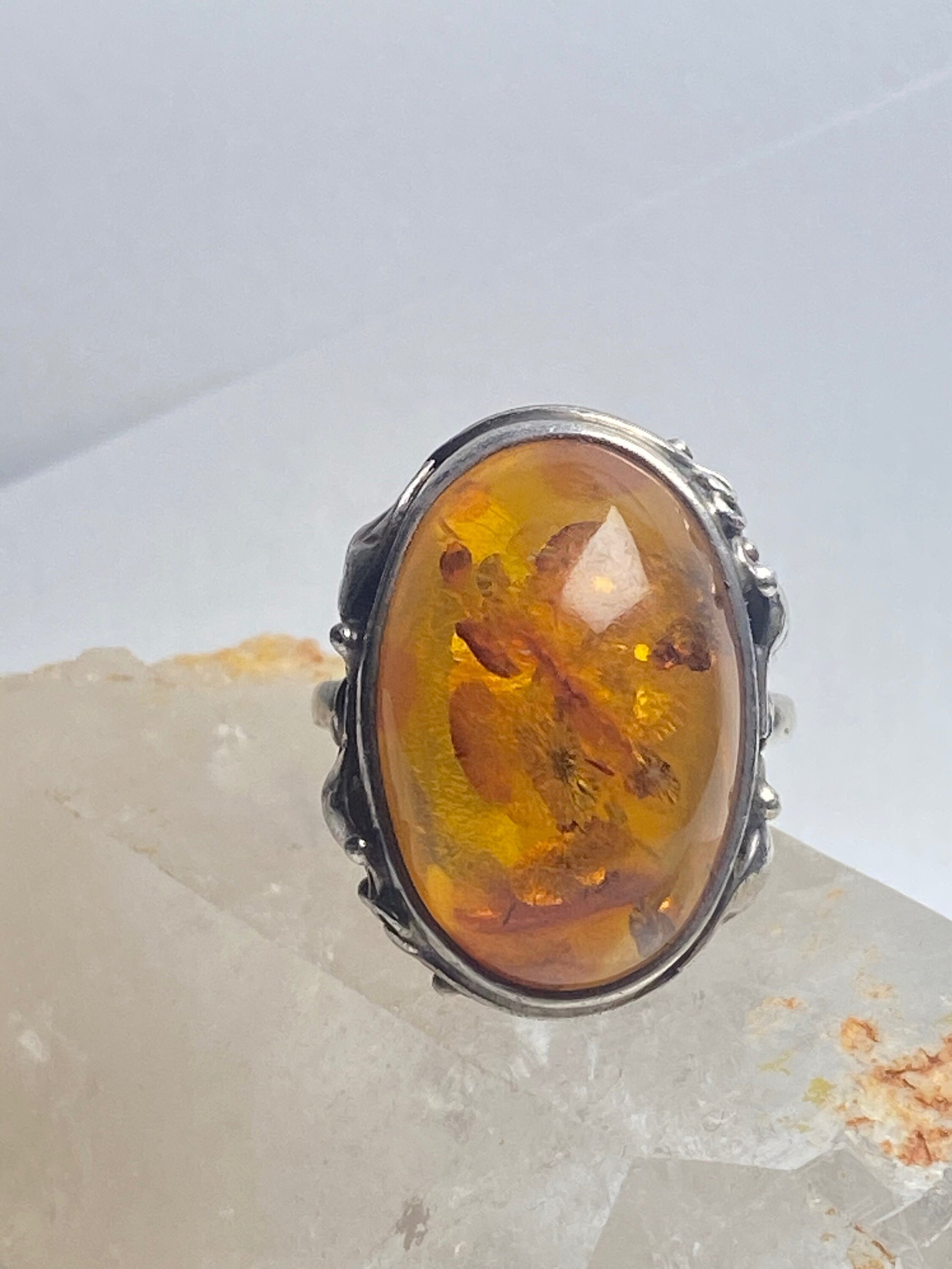 Amber Ring Nouveau Art Deco floral leaves sterling silver | Etsy