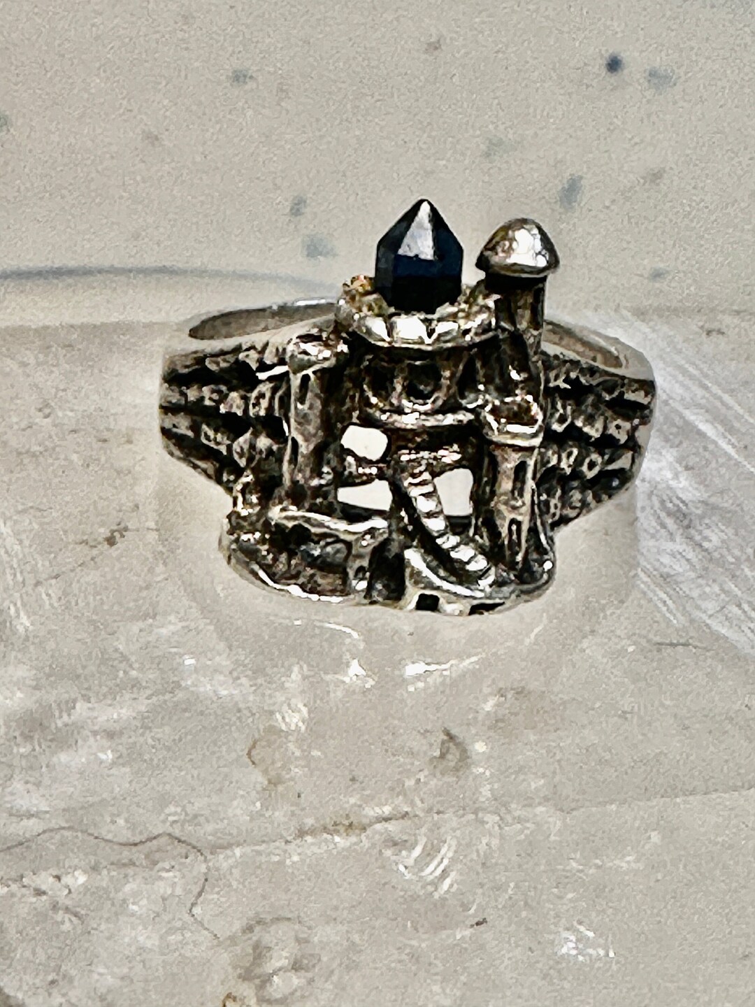 Castle Ring Size 10.75 Medieval Crystal or Black Glass Tower Sterling ...