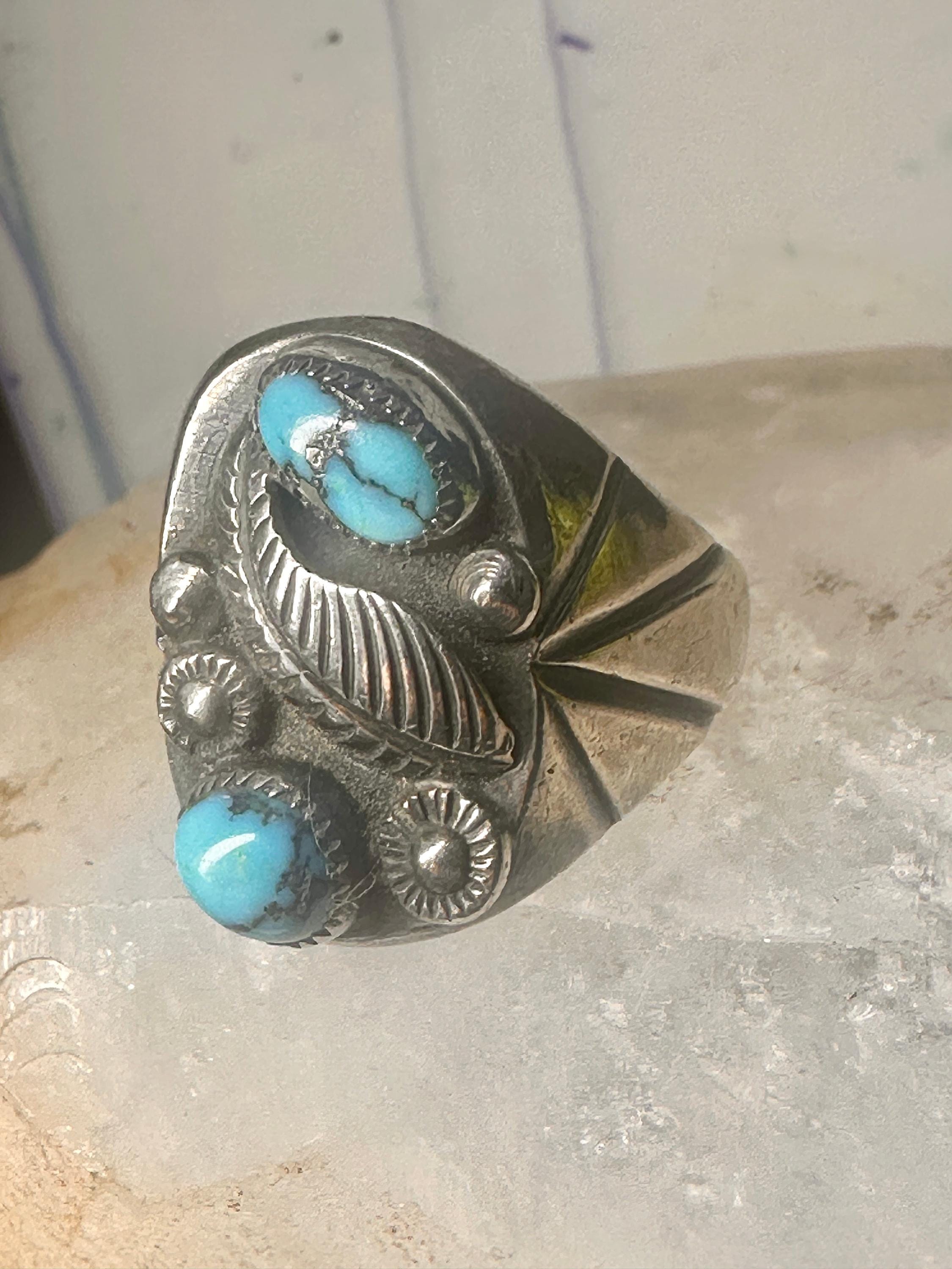 Navajo Ring Turquoise Feather Leaf Sign J Silversmith Size 11 Sterling ...